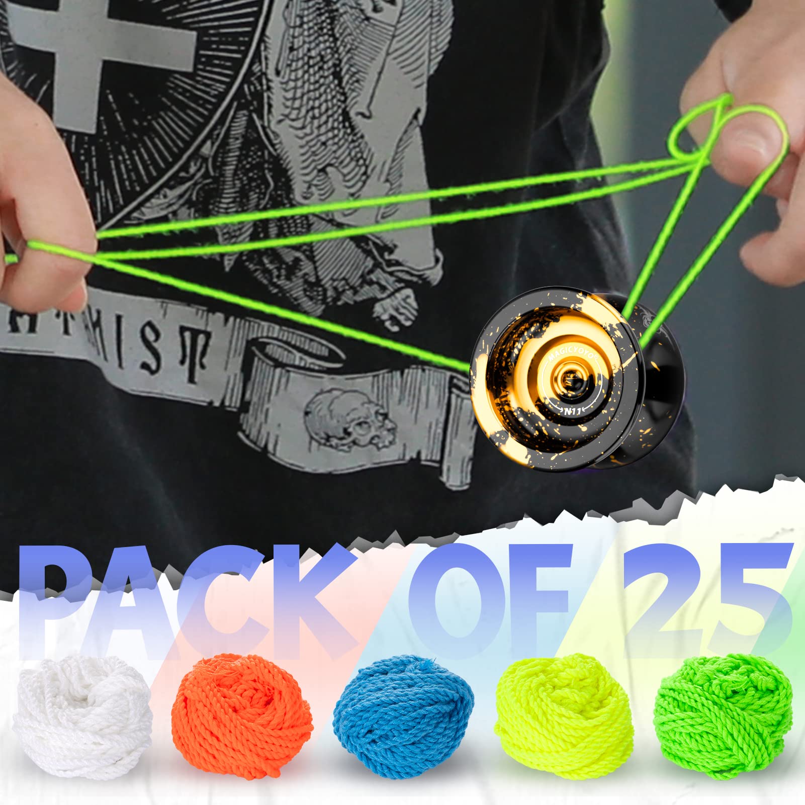 MAGICYOYO 100% Polyester Professional Yoyo Strings for Responsive and Non Responsive Yoyos - Pack of 25,Blue, Green, White,Yellow, Orange