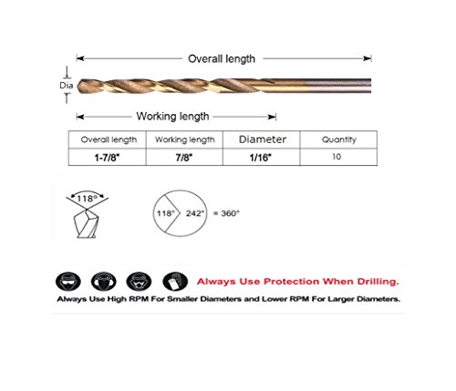 Pack of 10,【1/16 "】 x 1-7/8" Titanium Coated HSS Twist Drill Bits.Jobber Length.for Wood,Metal & Plastic,General Purpose.
