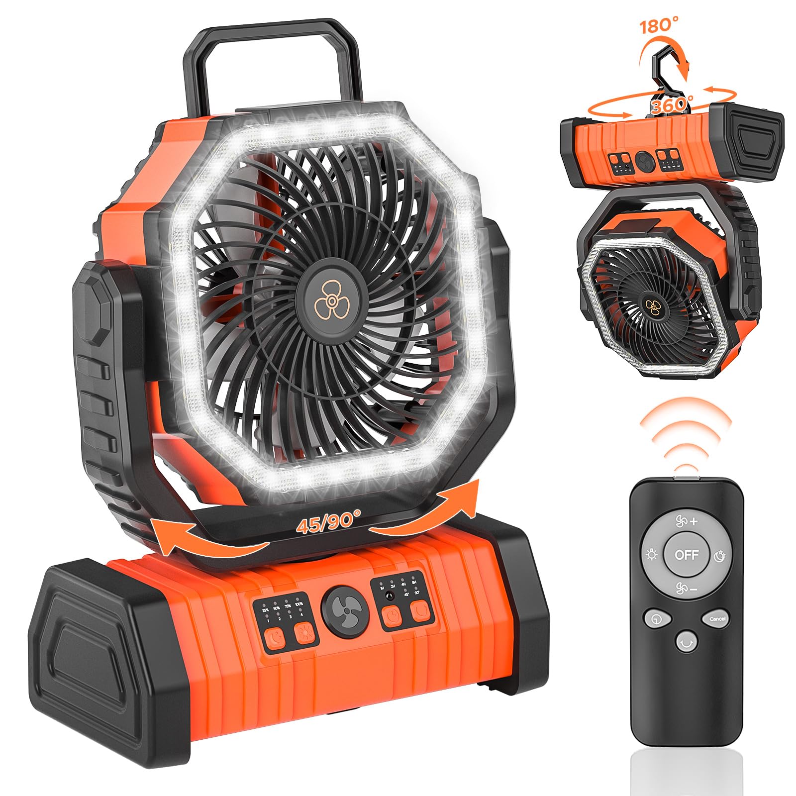 Rechargeable Camping Fan with LED Lantern, 20000mAh Auto-Oscillating Battery Operated Fan with Remote/Hook/Timer, 8ā Portable Fan for Picnic, Fishing,Tent, RV, Power Outages, Hurricane(Orange)
