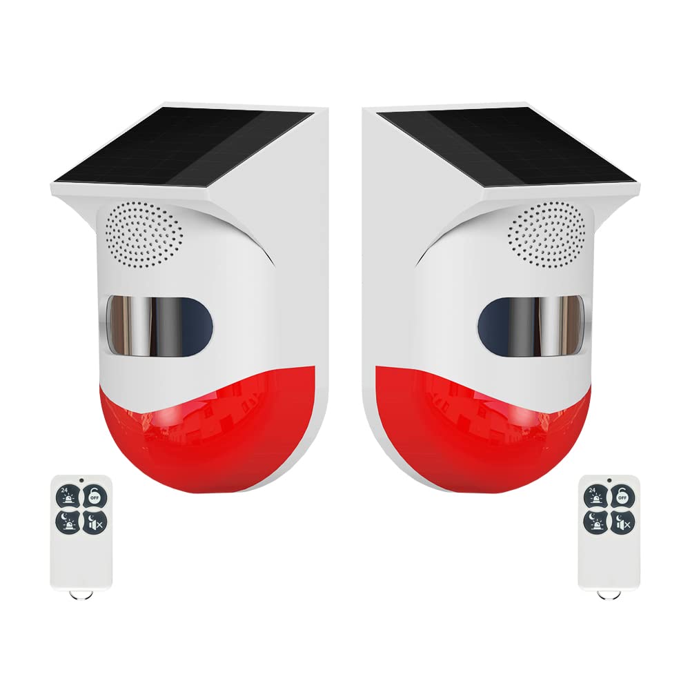 Solar Alarm Motion Detector Outdoor Alarm Siren with Remote Controller for Home Farm Barn Villa Yard 2 Packs