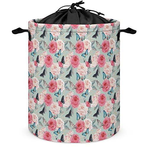 Roses and Butterfly Laundry Basket Round Collapsible Storage Bin with Drawstring and Handle for Bedroom Bathroom Toys Room 17.3" X 13.8"