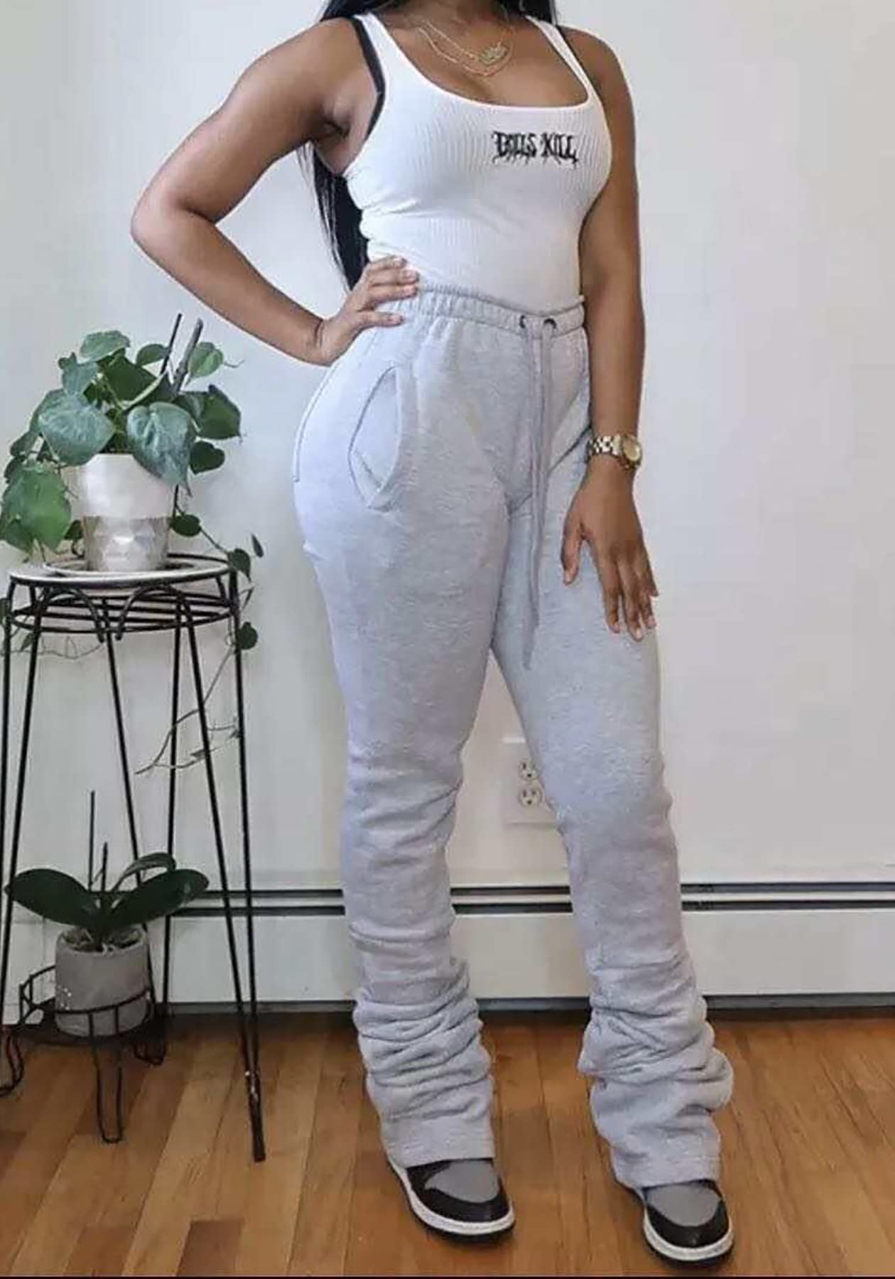 Molisry Women Stacked Sweatpants Fleece Drawstring High Waist Legging Jogger for Fall