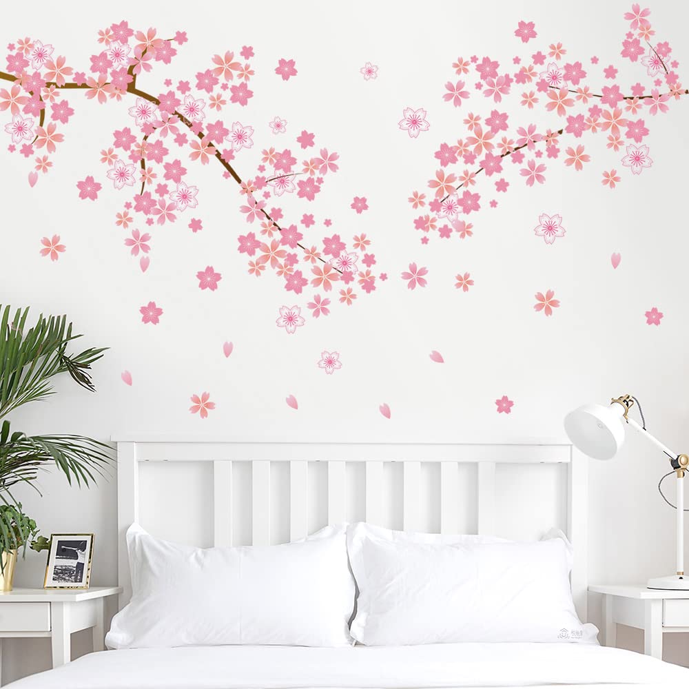 RW-045 Giant Pink Peach Blossom Wall Decals Plum Flowers Tree Branches Wall Stickers DIY Removable Cherry Floral Trees Petals Wall Decor for Kids Girls Bedroom Living Room Nursery Office Decoration