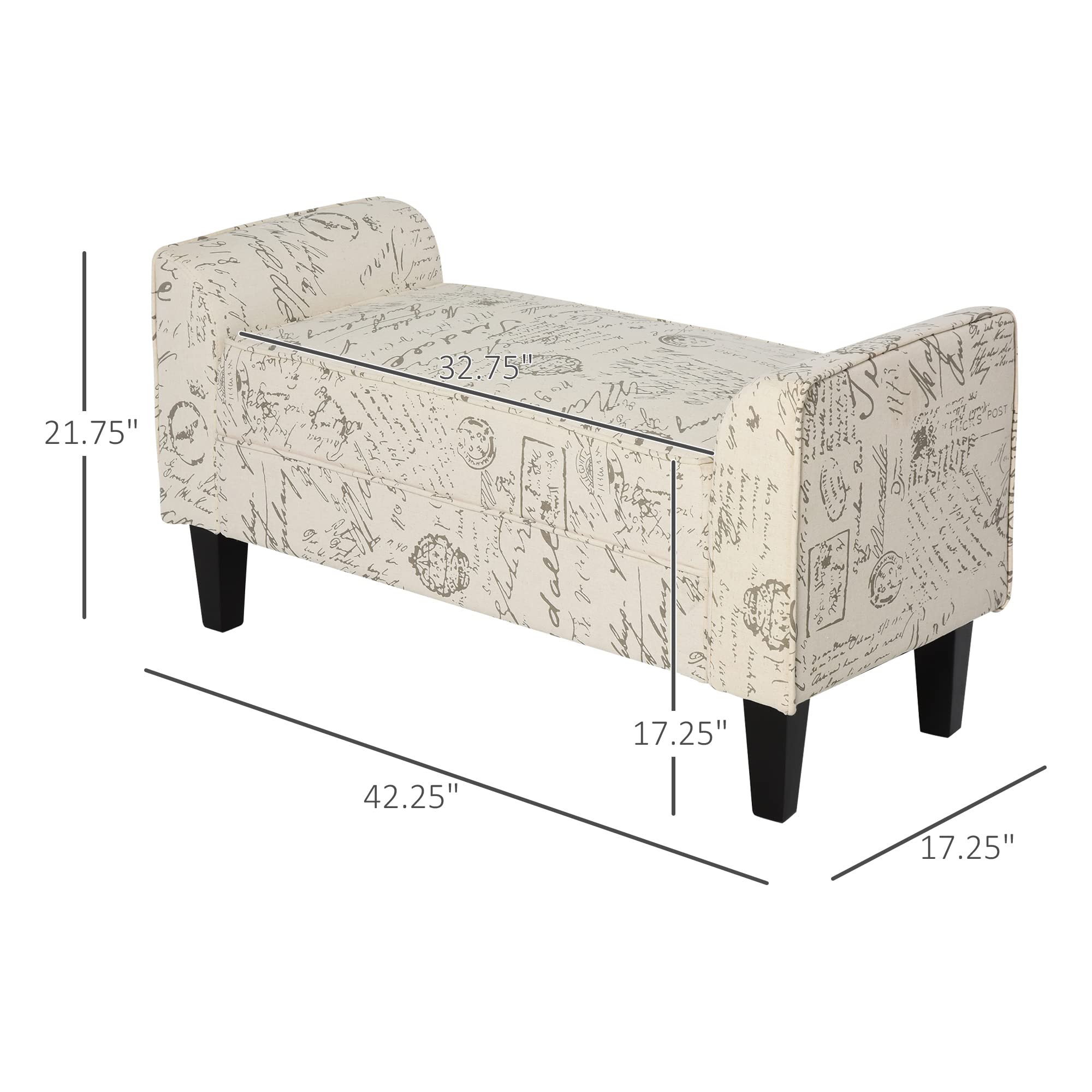 HOMCOM 42" Ottoman Bench, Modern Linen Armed Entryway Bench, Signature Print with Cream White Parchment Background