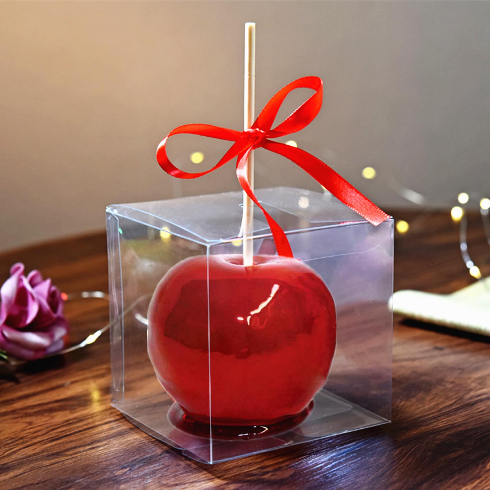 JOERSH 4x4x4 Inches Candy Apple Boxes with Hole and Paper Doilies Base 30 SETS Clear Caramel Apples Boxes for Treats | Food in Safe PET Plastic Box Fits Standard and Large Apple