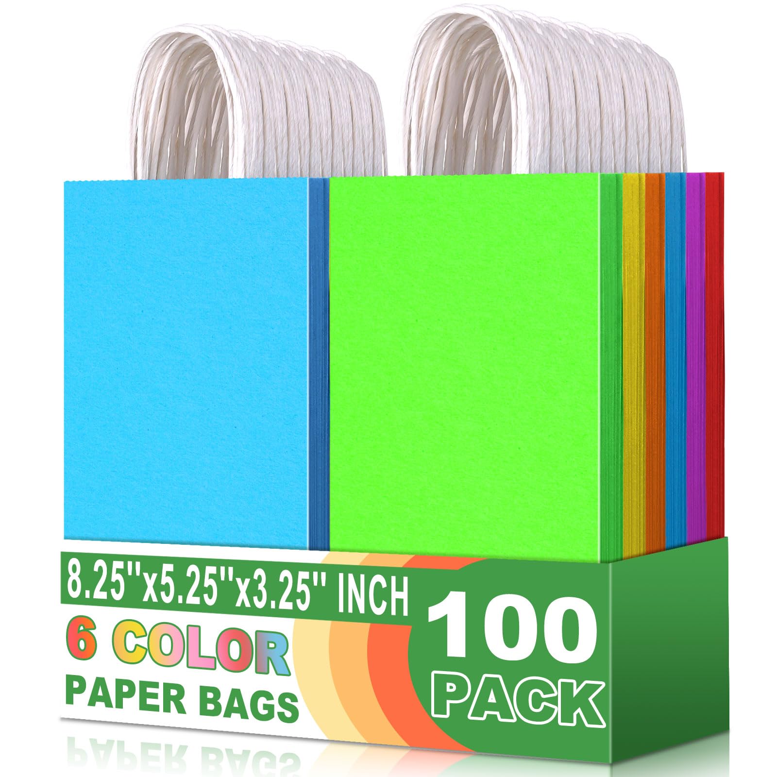 Small Colorful Paper Bags with Handle Kraft Gift Bags 100 Pack, 5.25x3.25x8.25 Inch Gift Bag for Wedding, Halloween, Birthday Party Favors, Grocery, Craft, Retail Shopping, Goody, and Business