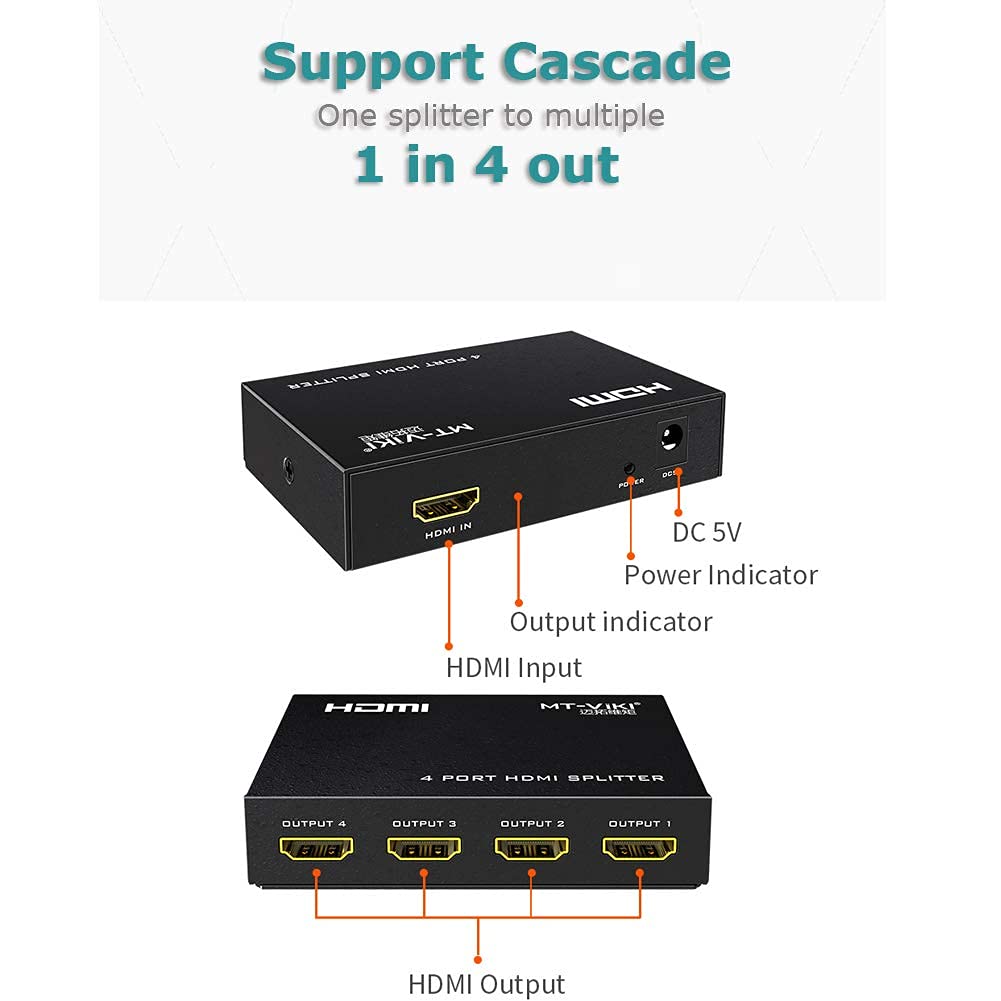 MT-VIKI HDMI Splitter 1 in 4 Out + 10ft 4K HDMI 2.0 Cable