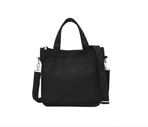 Jeelow Small Canvas Tote Handbag Shoulder Crossbody Bag Purse With Zipper & Pockets For Men & Women (Black)