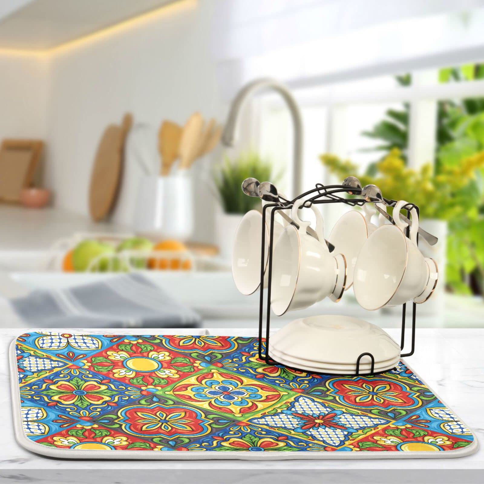 Mexican Talavera Tile Dish Drying Mat for Kitchen Counter, Microfiber Dish Drainer Mat for Kitchen Countertop 18 x 24 inch