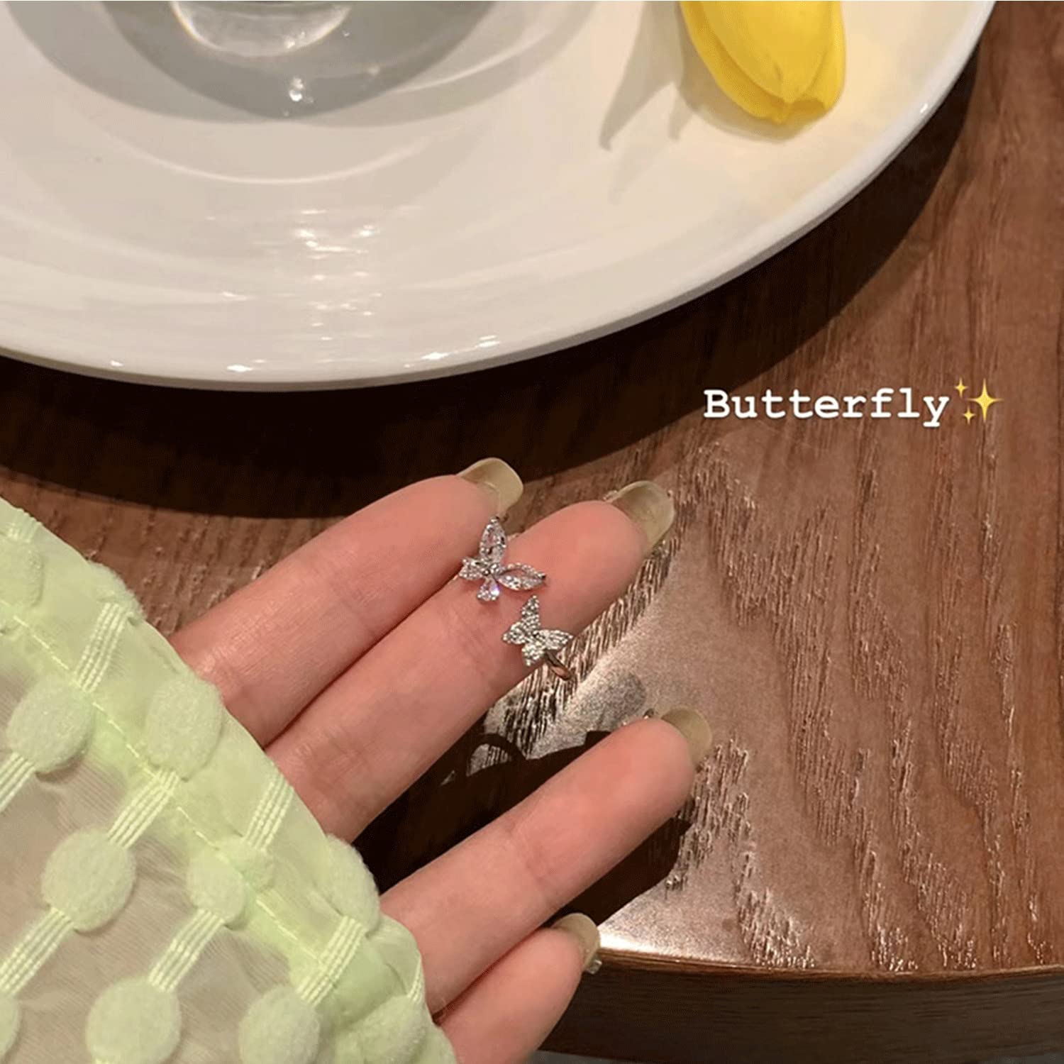 NORLSO Silver Butterfly Ring Dainty Crystal Zircon Butterfly Ring Cute Butterfly Open Rings Adjustable Rings Statement Rings Promise Engagement Ring for Women Bride (Silver)