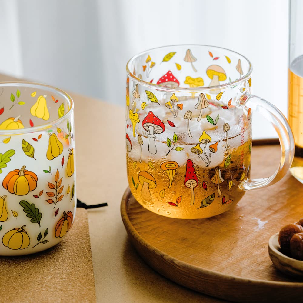 Mushroom Glass Mug with Gold Spoon Aesthetic Glass Cup with Cute Mushroom Patterns Mushroom Coffee Milk Mug Tea Cup Breakfast Drinking Mushroom Stuff (with Spoon)