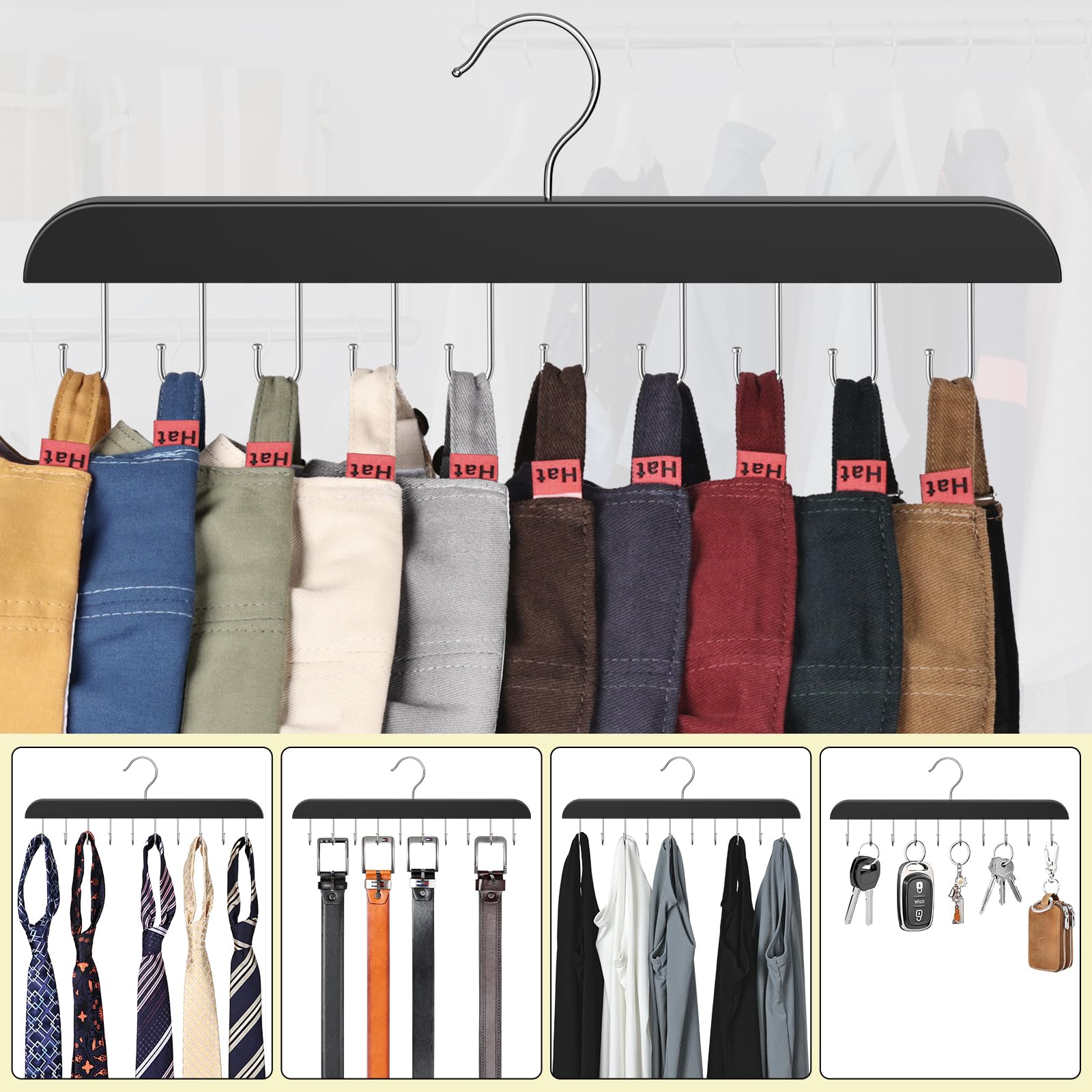 RESOVO 2 Pack Hat Hanger for Baseball Caps, Space Saving Hat Organizer w/ 10 Stainless Steel Hooks, Wooden Hats Rack Holder - Closet Storage Solution, No Mark Left Behind Black