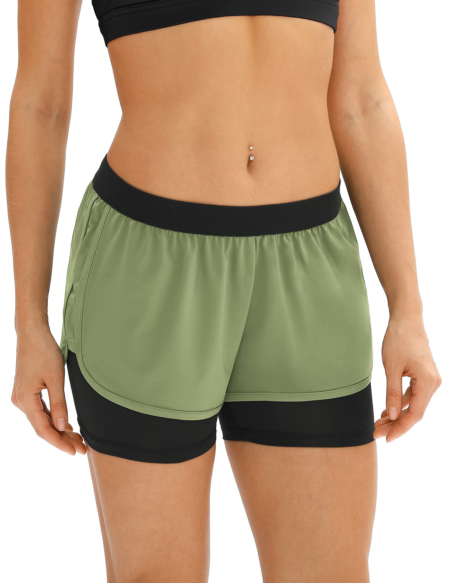 icyzone Running Yoga Shorts for Women - Activewear Workout Exercise Athletic Jogging Shorts 2-in-1 (M, Olive)