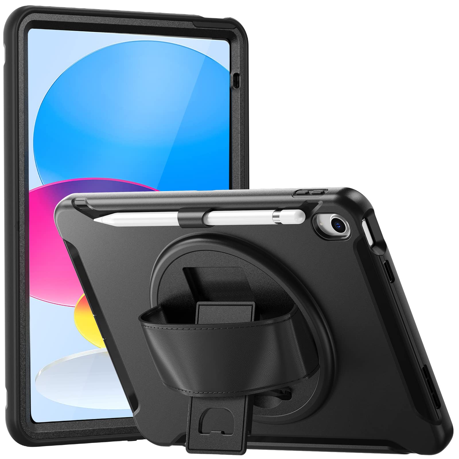 ProCase for iPad 10th Generation 10.9 Inch Case 2022 with Pencil Holder, 360 Rotatable Rugged Heavy Duty Shockproof Cover Case with Kickstand Hand Strap for iPad 10 -SkyBlue