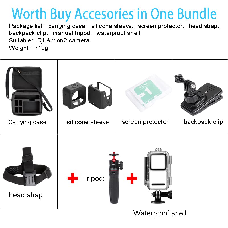 PellKing Accessories Kit for DJI Action 2,Including Hard Shell Carrying Case with Shoulder Belt,Tripod,360 Degree Rotation Backpack Clip,Head Strap,Screen Protector,Waterproof Shell,Silicone Sleeve
