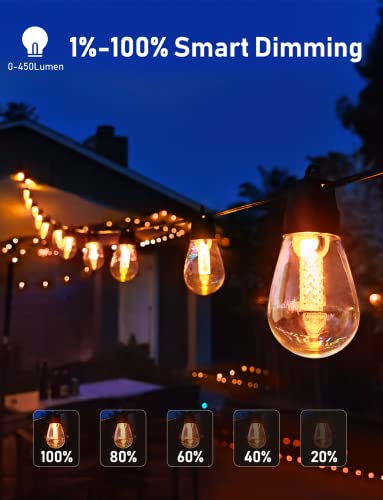 Outdoor String Lights with Dimmer - 100Ft Led Patio Lights App Control Commercial Grade Waterproof Outside Light with Timer 3 Modes 50 S14 Edison Vintage Shatterproof Bulbs for Bistro Garden Backyard