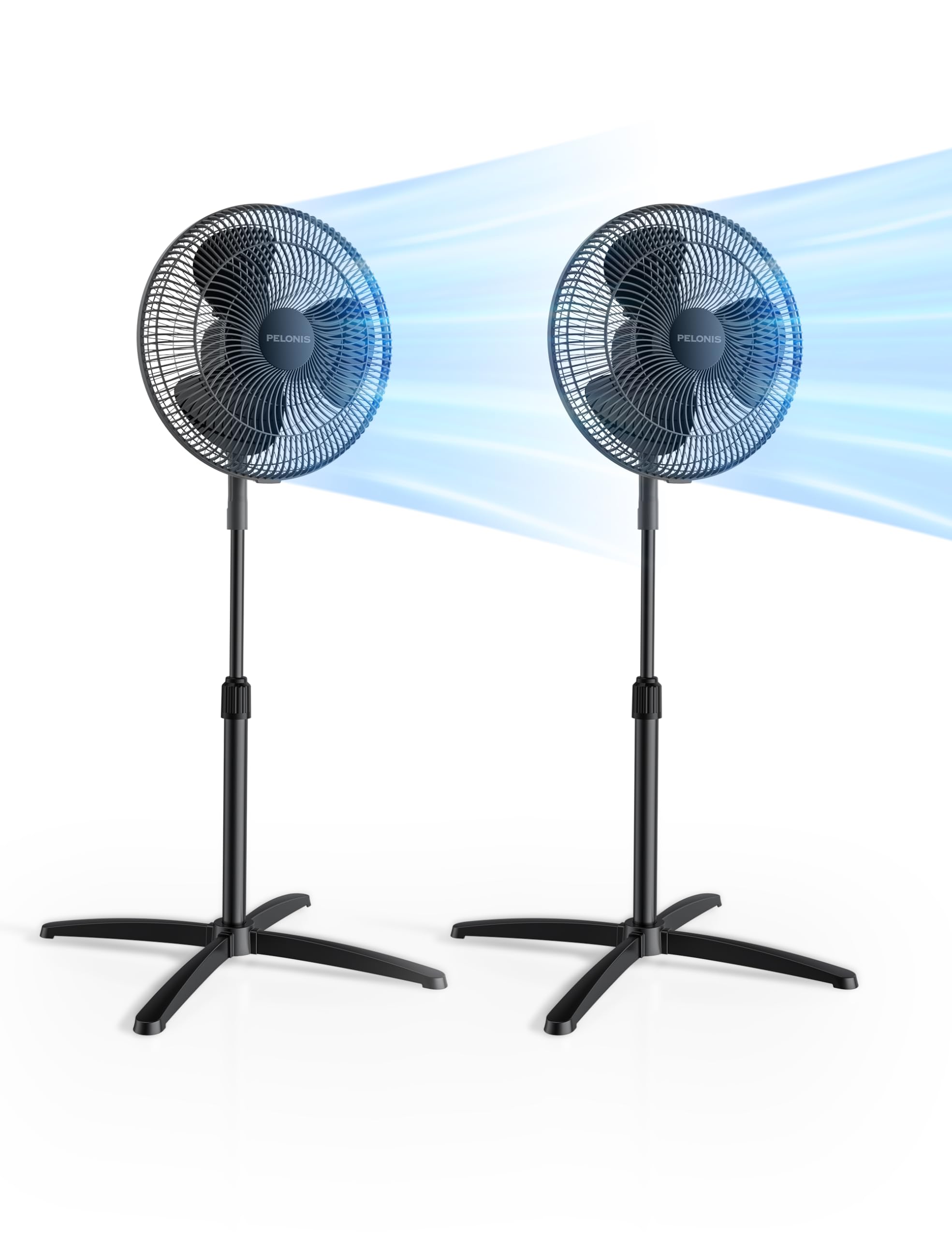 PELONIS 16‘’ Pedestal Stand Up Oscillating Fan with 3 Speeds Settings Ultra Quiet Adjustable Heights for Bedroom, Living Room, Home and Office 2 Packs Black