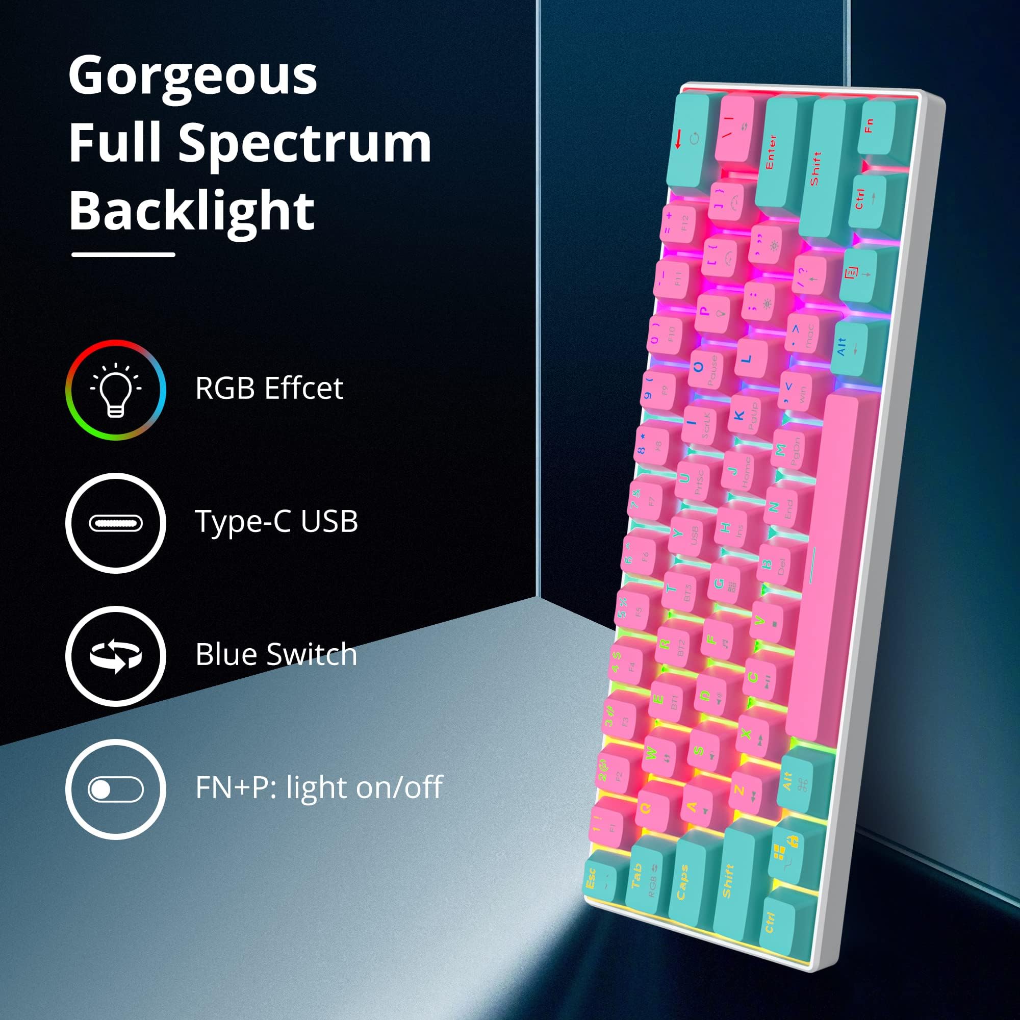 Owpkeenthy Pink 60% Wireless Gaming Keyboard Mechanical, RGB Bluetooth Compact Mini Keyboard with Backlit PBT Keycaps for MAC PC Gamer (Blue Switch/Miami)