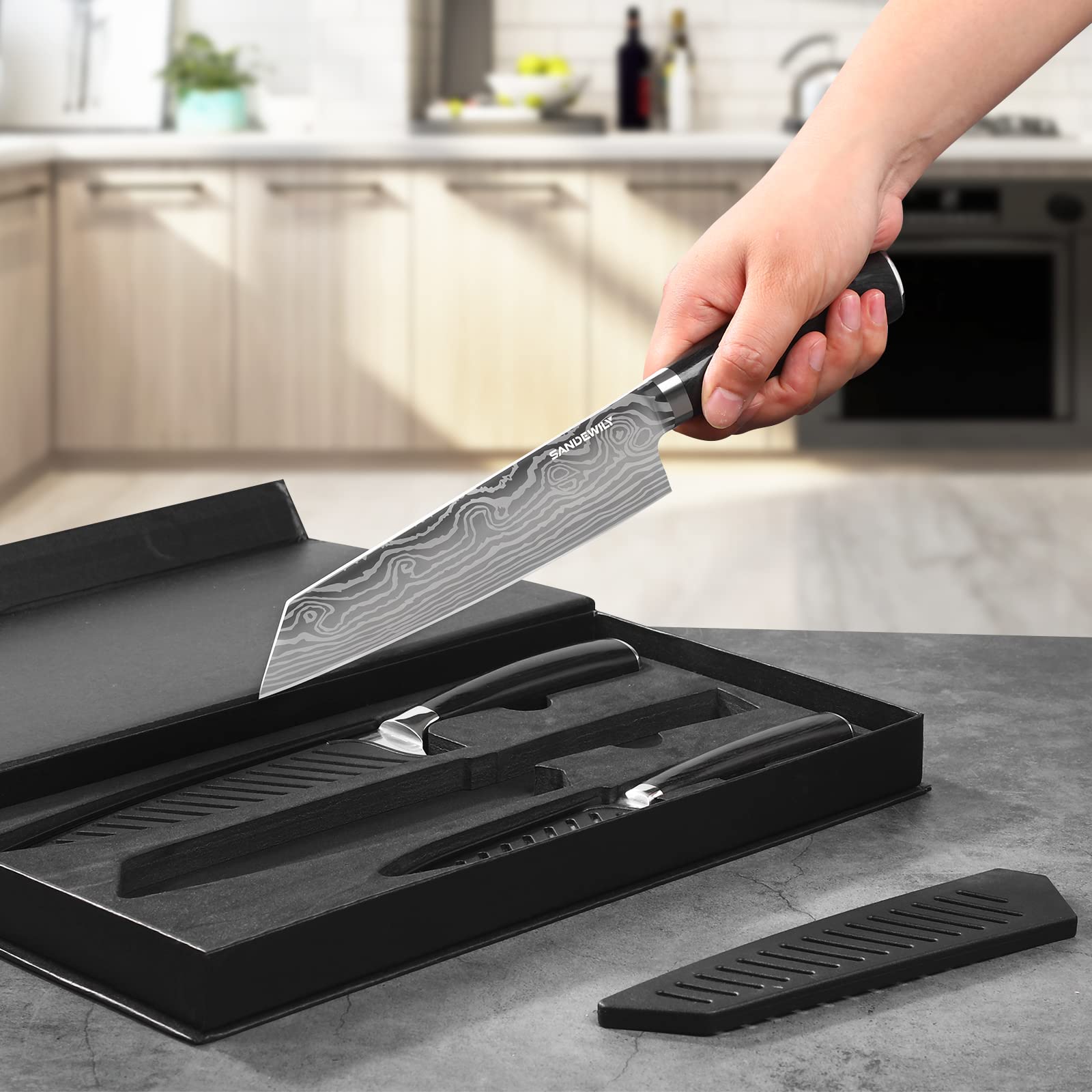 SANDEWILY 3 Piece Japanese Ultra Sharp Kitchen Chef Knife Set Pro German High Carbon Stainless Steel(7CR17MOV) with Sheaths & Gift Box Black Handle