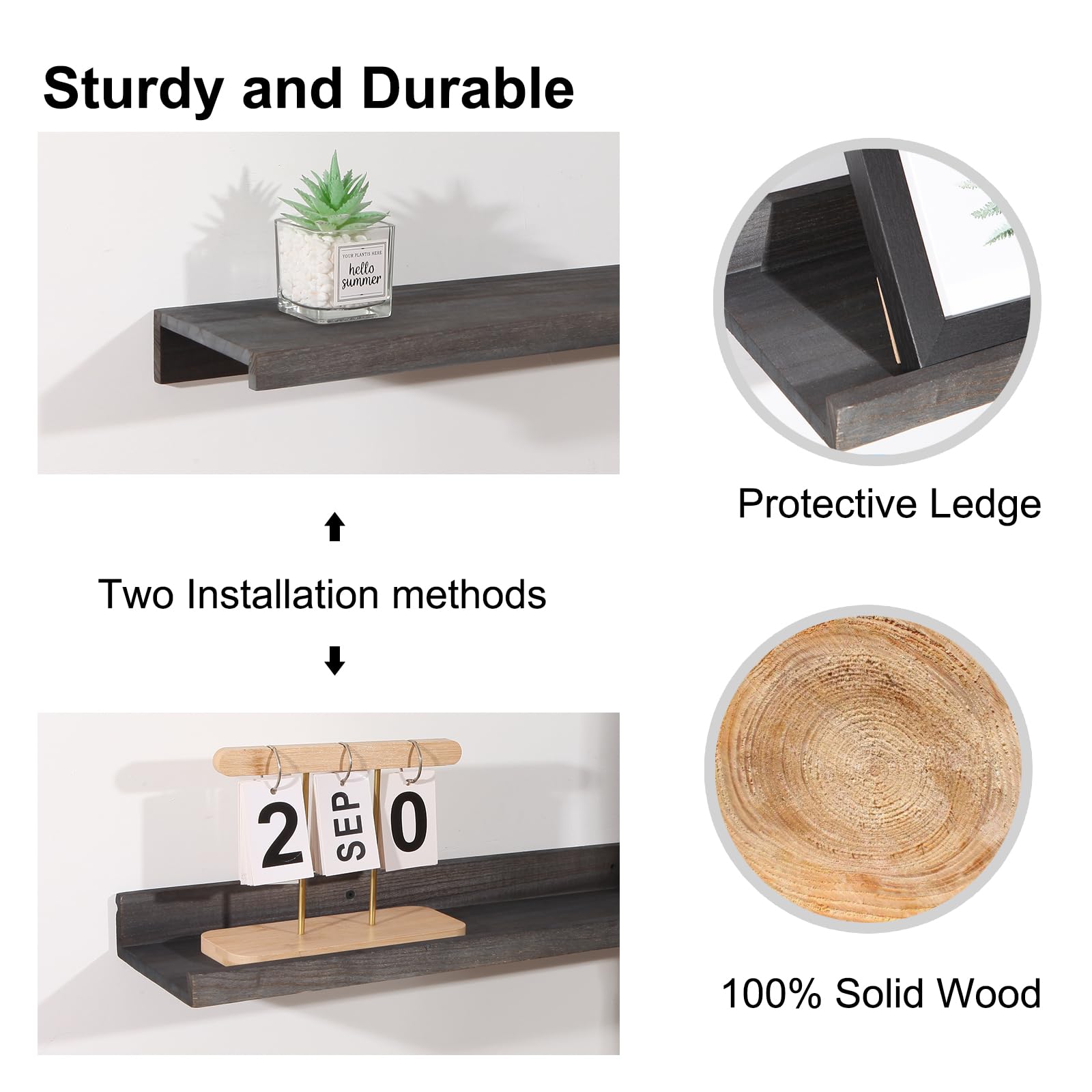 SAUMONIERES Picture Ledge Shelf Floating Book Shelves 36 Inch Set of 3 Wall Mounted Solid Wood for Bedroom Living Room Kitchen Rustic Grey
