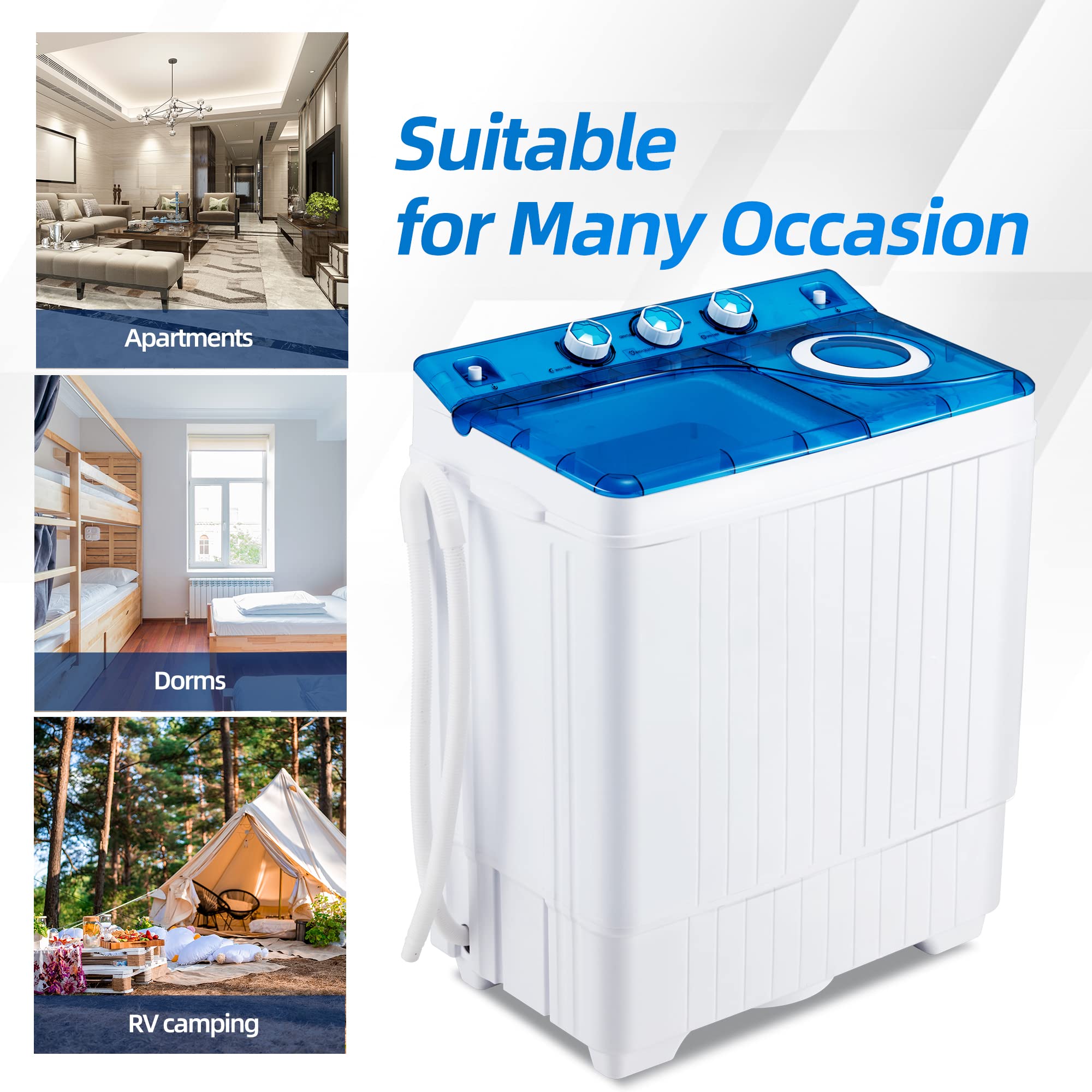 Kumcahom Portable Washer 26Lbs Capacity Washing Machine and Dryer Combo Twin Tub Laundry Washer(18Lbs) & Spinner(8Lbs) with Built-in Gravity Drain Pump,for Apartment,Dorms,RV Camping (BLUE+WHITE)