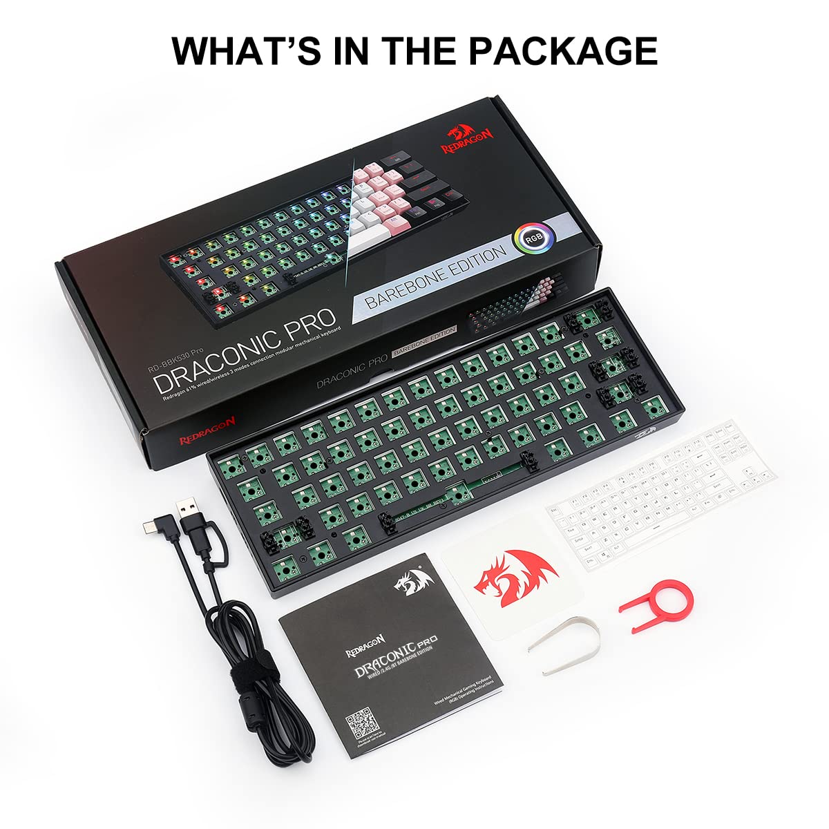 Redragon BBK530 Pro Custom Gaming Mechanical Keyboard Kit – 60% 61 Keys DIY RGB Modular Keyboard – Barebones Compact Keyboard HOT SWAPPABLE 3pin/5pin Switch, Support Bluetooth 5.0/USB-C Wired/2.4GHz