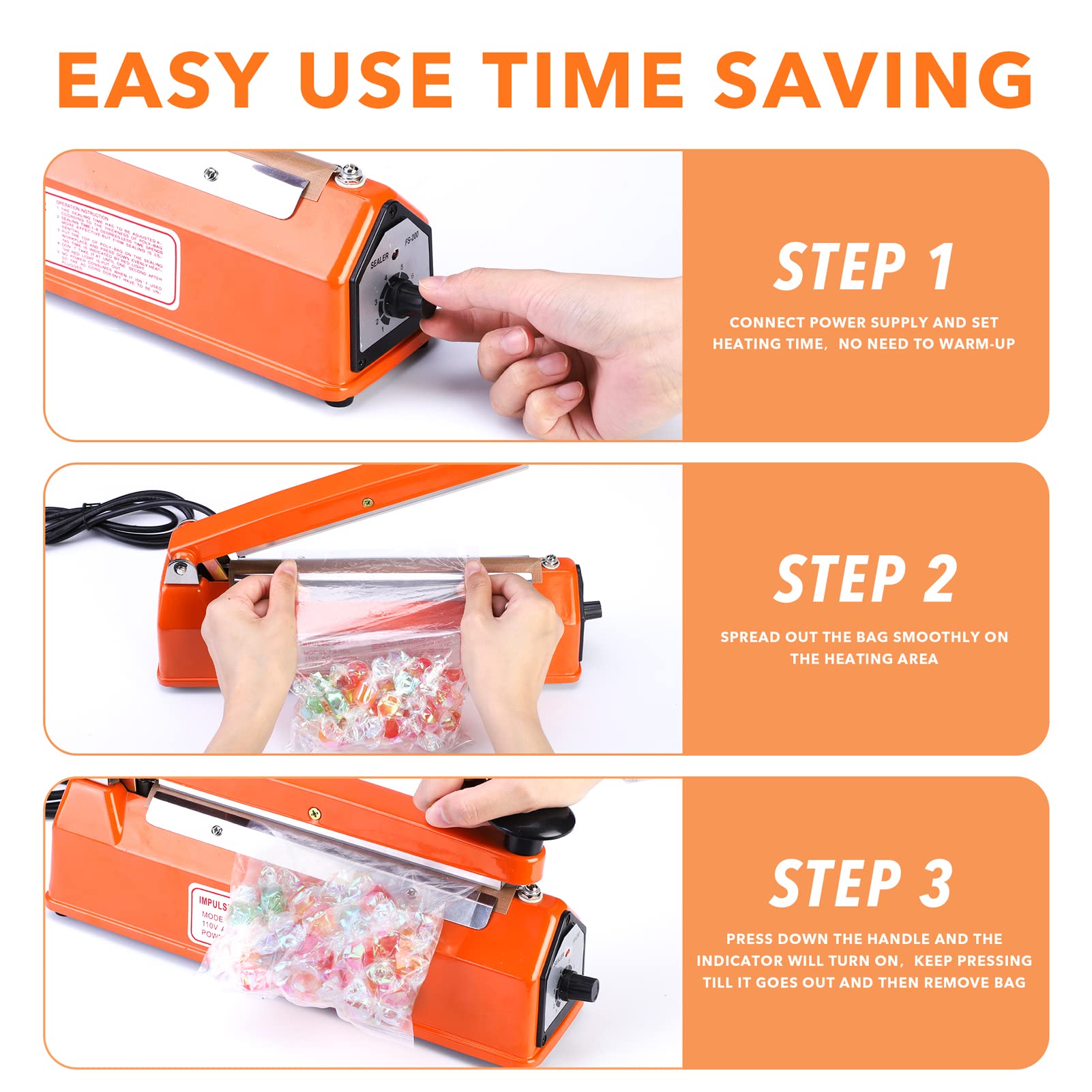 Metronic 8 inch Impulse Bag Sealer Poly Bag Sealing Machine Heat Seal Closer with Repair Kit in Orange