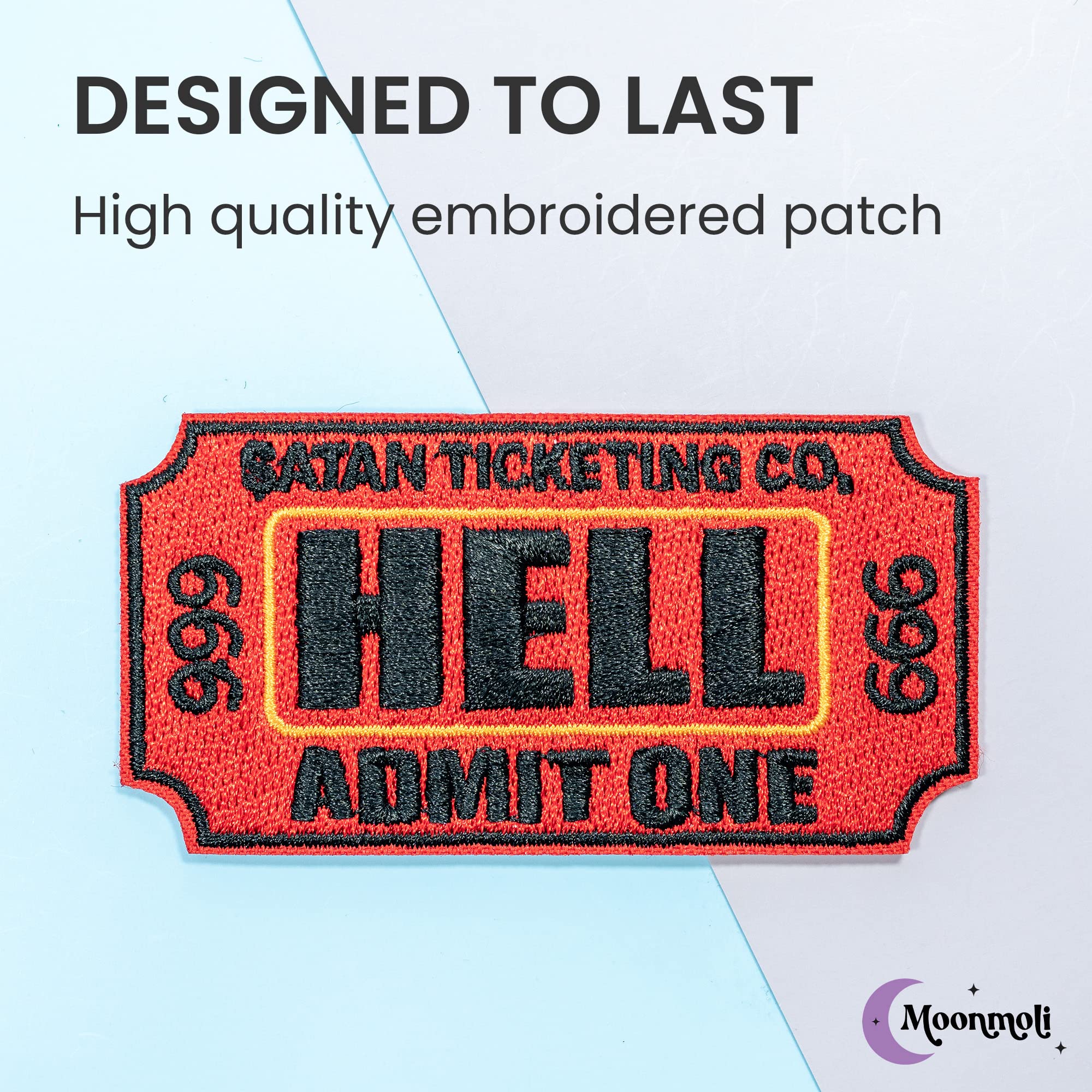 Moonmoli Ticket to Hell Admit One Iron on Embroidered Patches - 3"Wx1.5"H Red/Black Funny Patches β Iron on or Sew On Patches for Clothes, Jacket, Jeans, Hat, Backpack