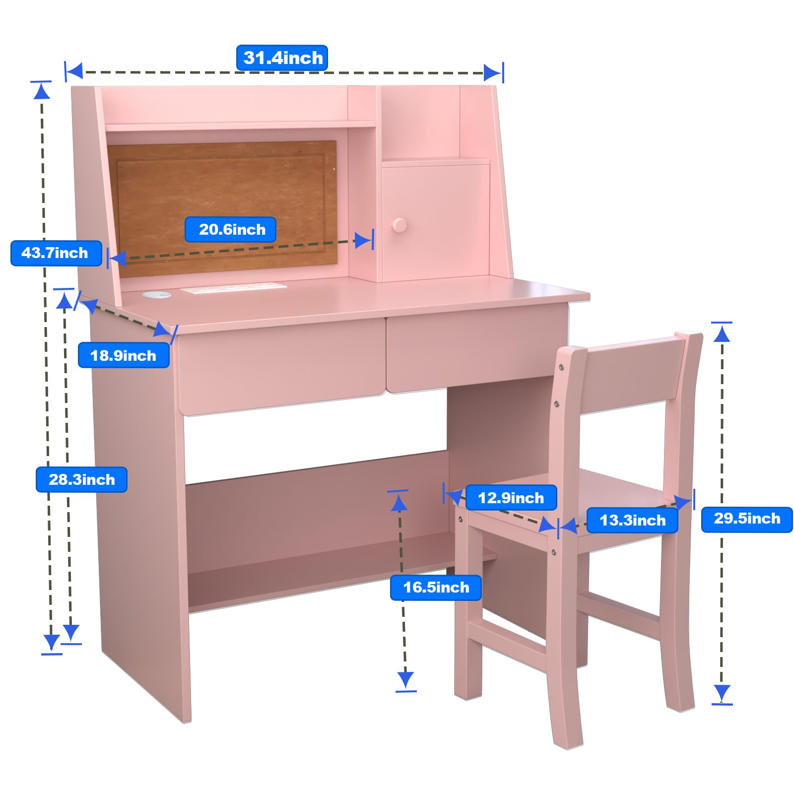 SFDOU Pink Kids Desk and Chair Set for 5-12 Year Old, Childrens Computer Desk with Drawers and Storage Shelf, Kids Study Table with Charging Station
