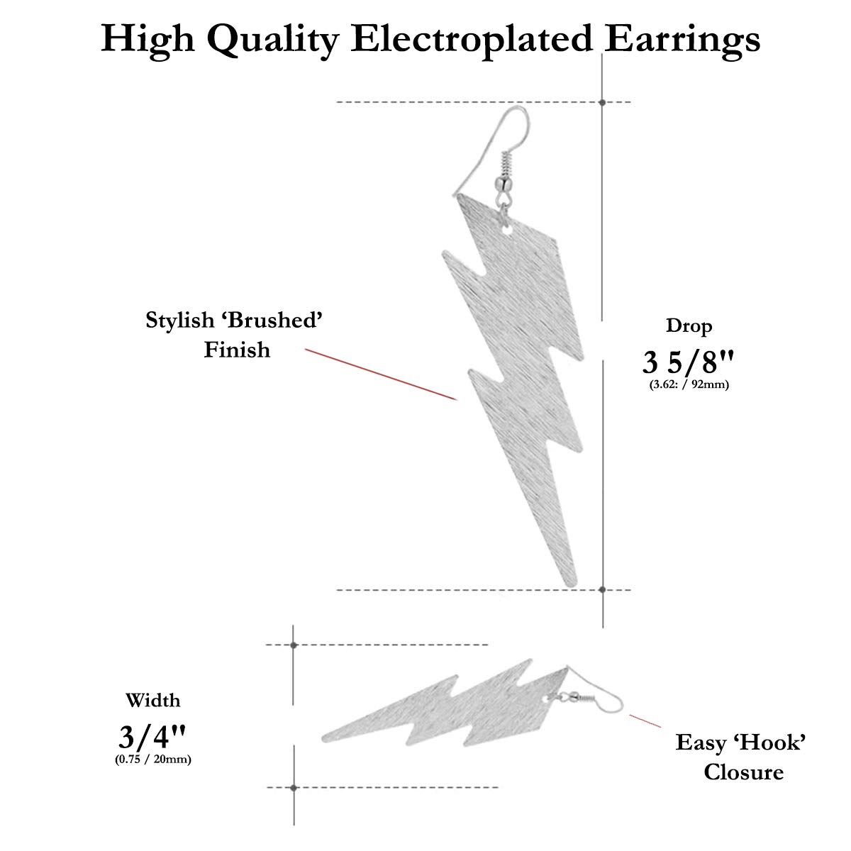 IDB Delicate Filigree Dangle Lightning Bolt Drop Hook Earrings | Approx 3 5/8" (3.62" / 9.2cm) length x 25/32" (0.78" / 2cm) wide - | available in silver and gold tones (Gold tone)