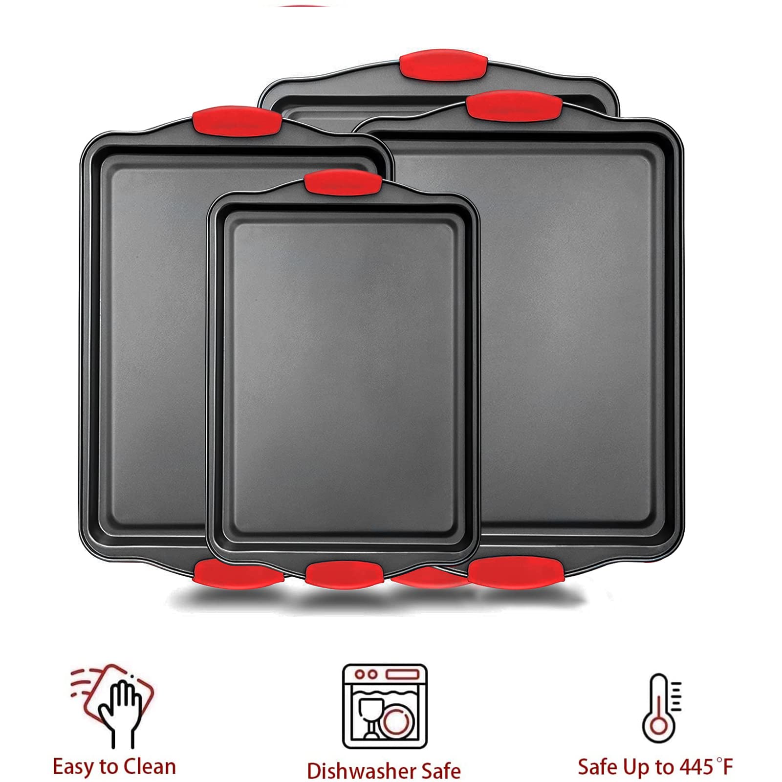 NBFTLTOP Baking Pan for Oven Non-Stick Baking Sheet Set of 4 w/Silicone Handles,Carbon Steel Baking Tray