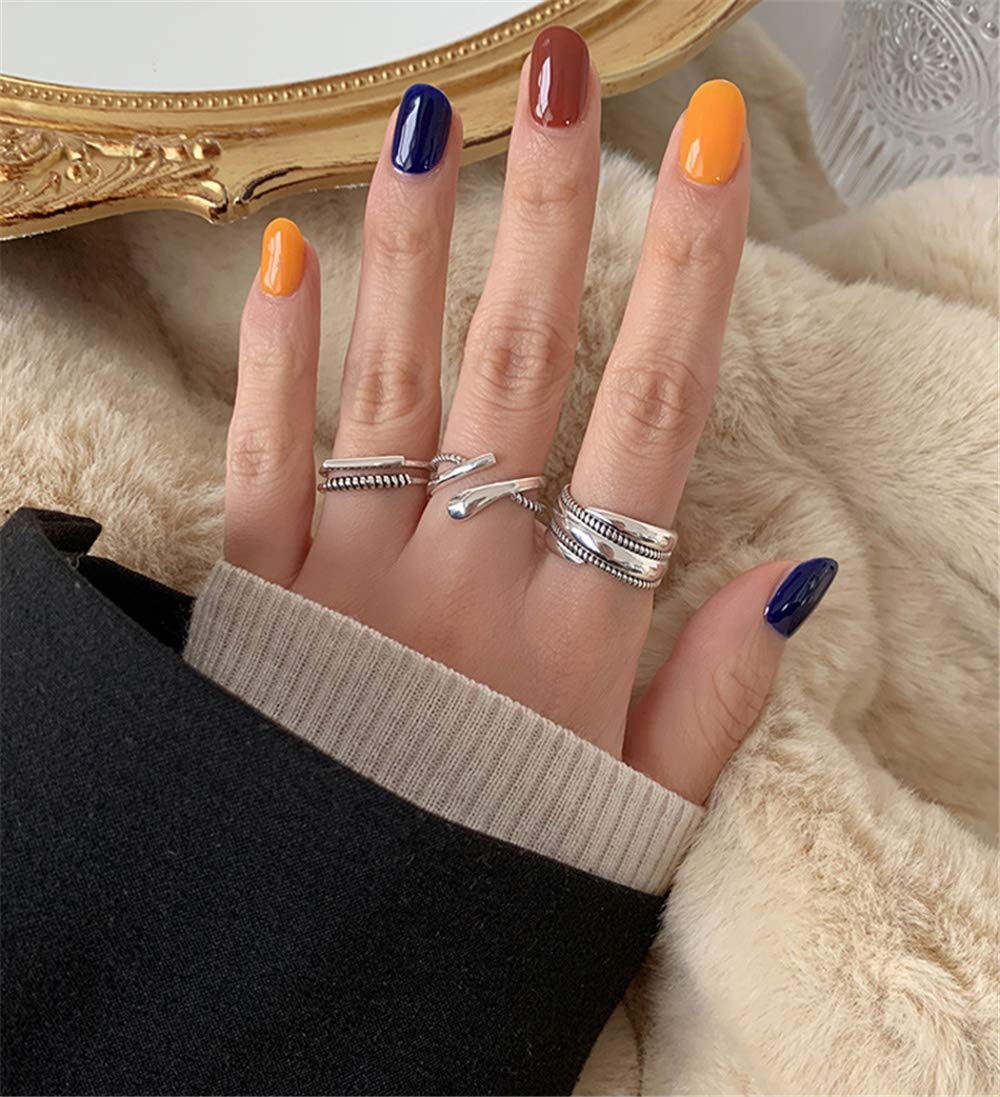 Jemant Ring For Women Adjustable Silver Hip Hop Kpop Fashion Twist Chain Rope Unique 3 Pc Stacked Ring Set (Silver)