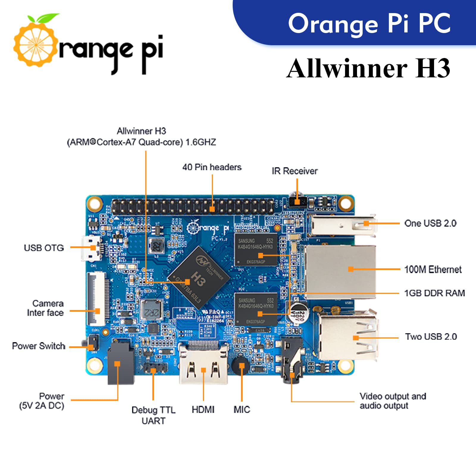 Orange Pi PC 1GB AllWinner H3 Quad Core Single Board Computer Microcontroller Mini PC Run Android Ubuntu Debian (PC + White Case + Power Supply)