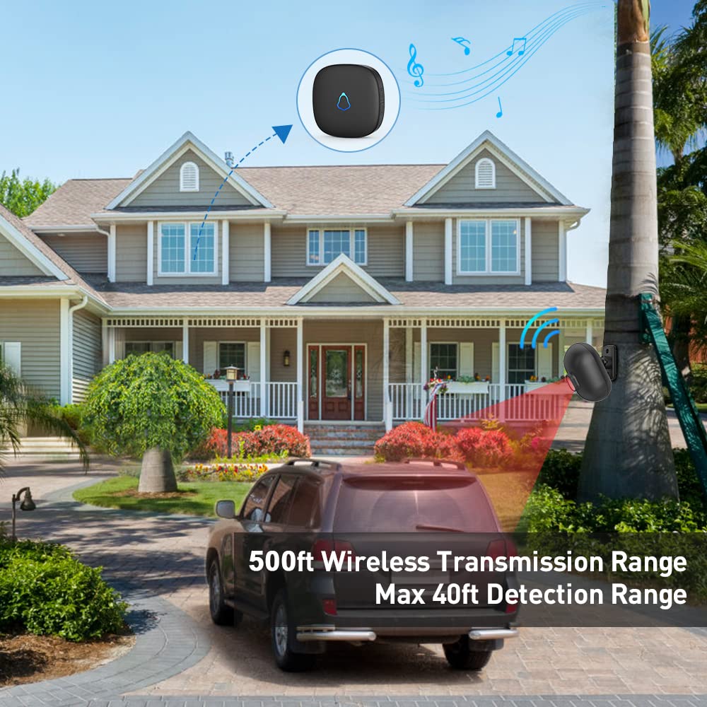 SECRUI Driveway Alarm, Wireless Oudoor Motion Sensor Alarm with 58 Chimes, Plug in Receiver and Weatherproof Motion Detector, 20ft/40ft PIR Detection Range-Protect Outside Property