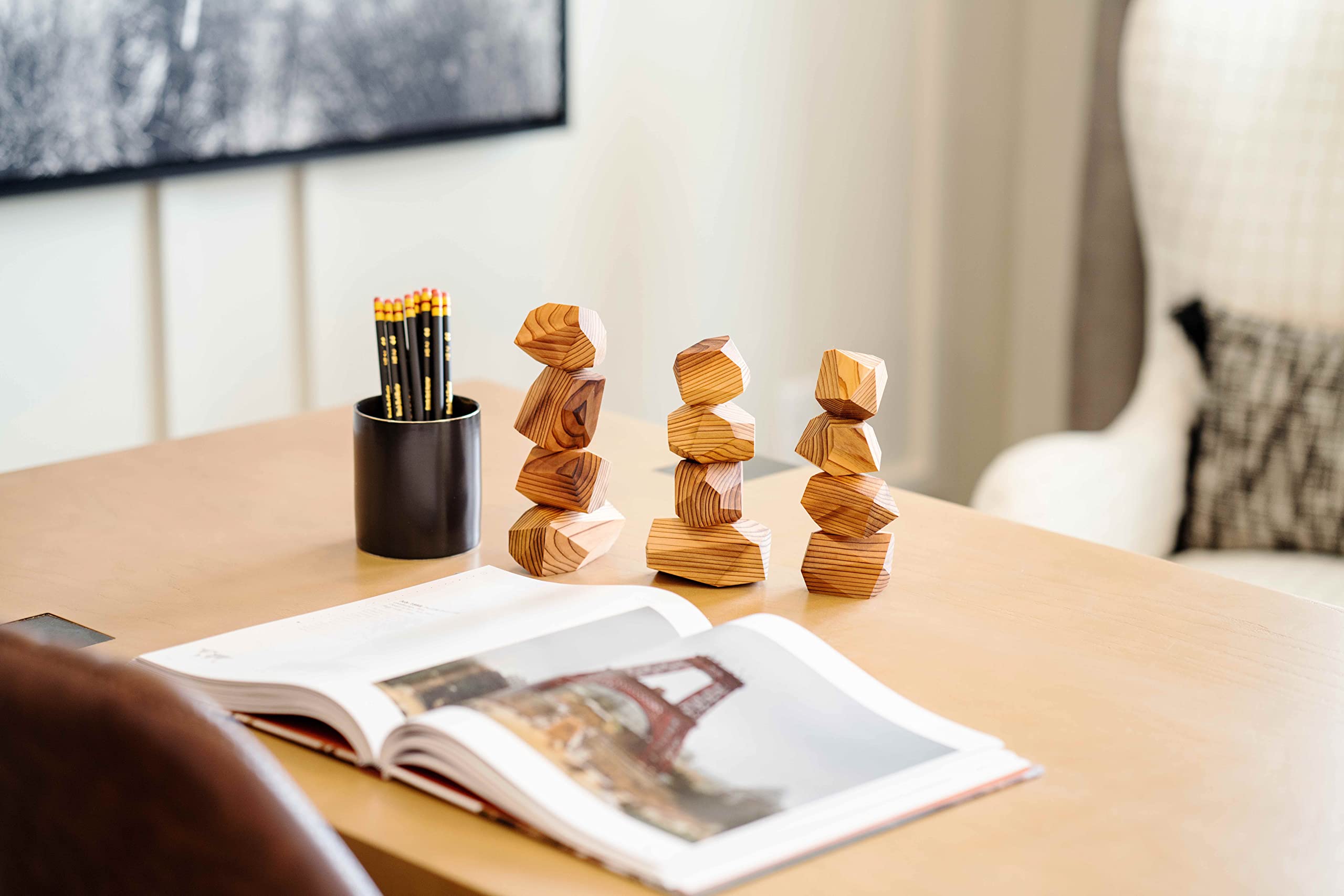 PERCHED Natural Cedar Stacking Rocks, Large Wooden Blocks, Montessori Puzzle Game, Toddler Toys For Classroom, Wood Balancing Stones Set (12 Pc)