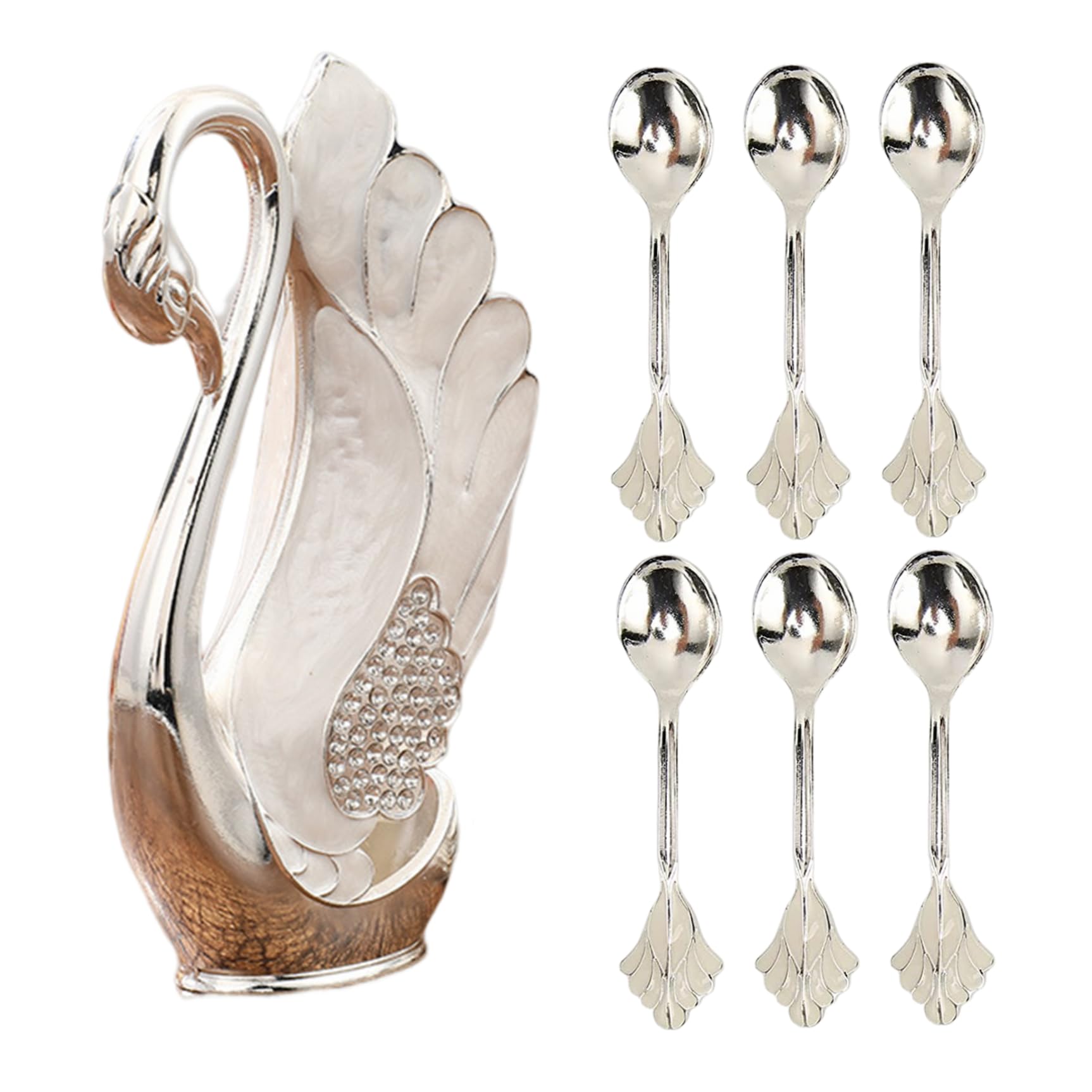 STIVEMIAO Coffee Spoon Holder Decorative Swan Base Holder with 6 Dessert Spoons Set Metal Swan Base Holder Spoon Organizer Flatware Silver Spoons