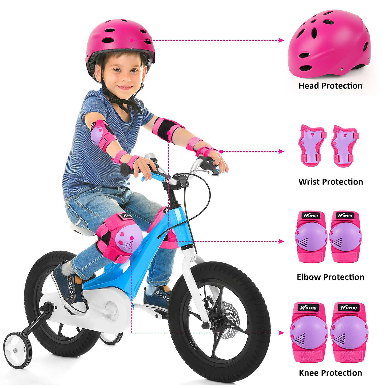 Kid's Protective Gear Set,Roller Skating Skateboard BMX Scooter Cycling Protective Gear Pads (Knee Pads+Elbow Pads+Wrist Pads+ Helmet) (Rose Red)