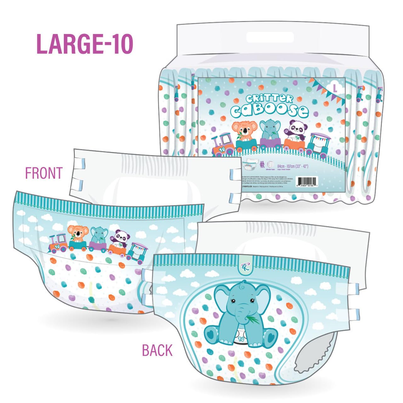 Rearz - Critter Caboose Brief Adult Printed Diapers - 12 Pack - 11000ml (Large)