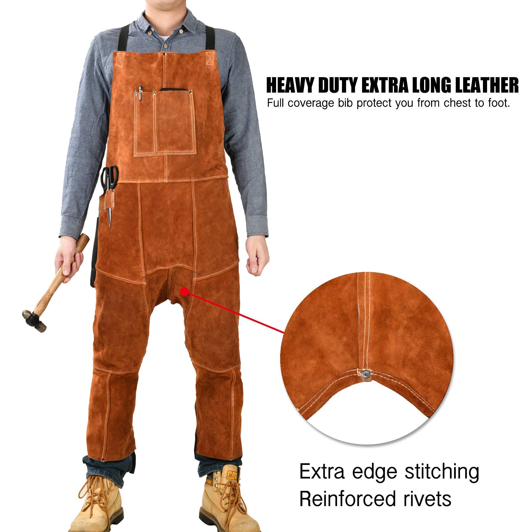 QeeLink Leather Welding Work Jacket with Split Leg Apron Flame-Resistant Heavy Duty Split Cowhide Leather Welder Jackets with Welding Apron for Men & Women, X-Large