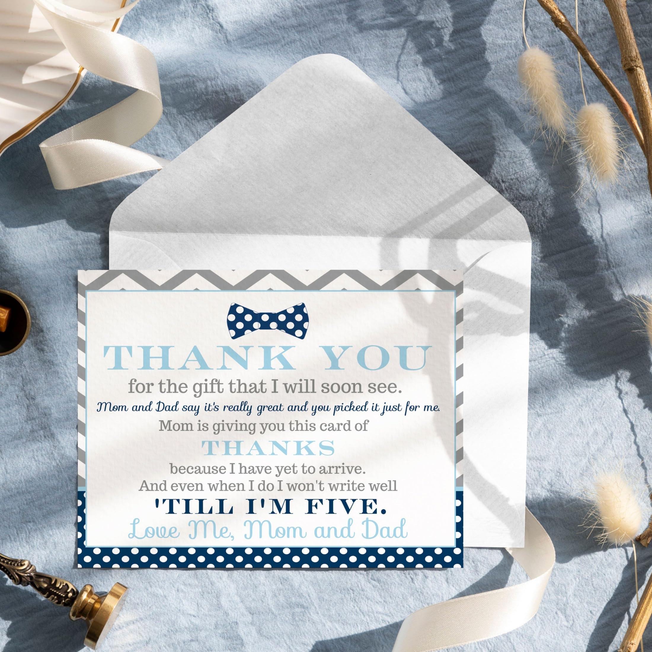 Paper Clever Party 25 Bow Tie Baby Thank You Cards Pack β Boys Baby Shower Notes with Envelopes, Prefilled Message, Customizable Blank Stationery, Adventure Theme, New Parents Gift Ideas