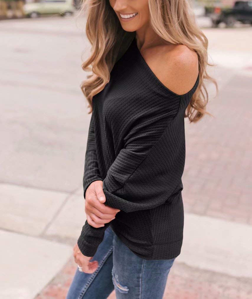Lacozy Womenâ€s Waffle Knit Off The Shoulder Tops Casual Oversized Long Sleeve Tunic Shirts Pullover Sweaters Black 2X-Large