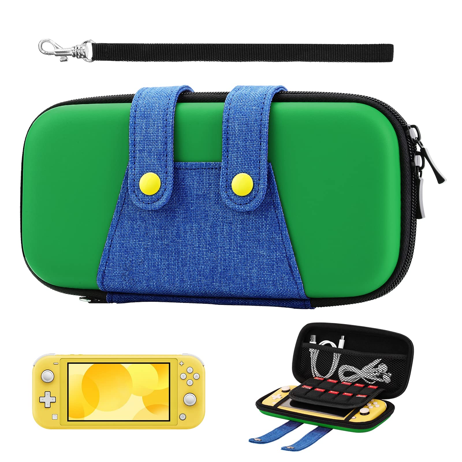 MoKo Carrying Case Compatible with Nintendo Switch Lite, Portable Protective Hard Shell Cover Travel Carrying Case Storage Bag with 10 Game Cartridge Holder & detachable Hand Strap, Luigi Green