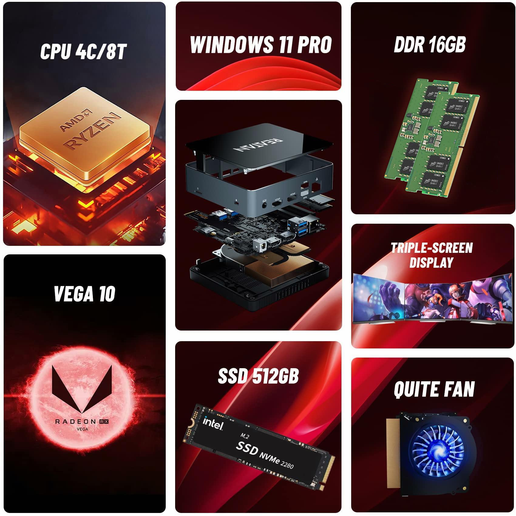 Reatan Mini PC Ryzen 7 3750H AMD Processor(up to 4.0GHz),DDR4 16GB RAM 512GB NVMe M.2 SSD,WiFi6E,Triple 4K@60Hz Display Dual HDMI,Windows 11 Pro Mini Computer,Gigabit Ethernet, USB 3.1, HTPC, Gaming