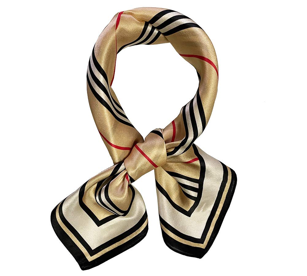 JERLA Women's Men's Small Square 100% Real Mulberry Silk satin Scarfs Hair head face scarf 21" x 21" (Stripe khaki)