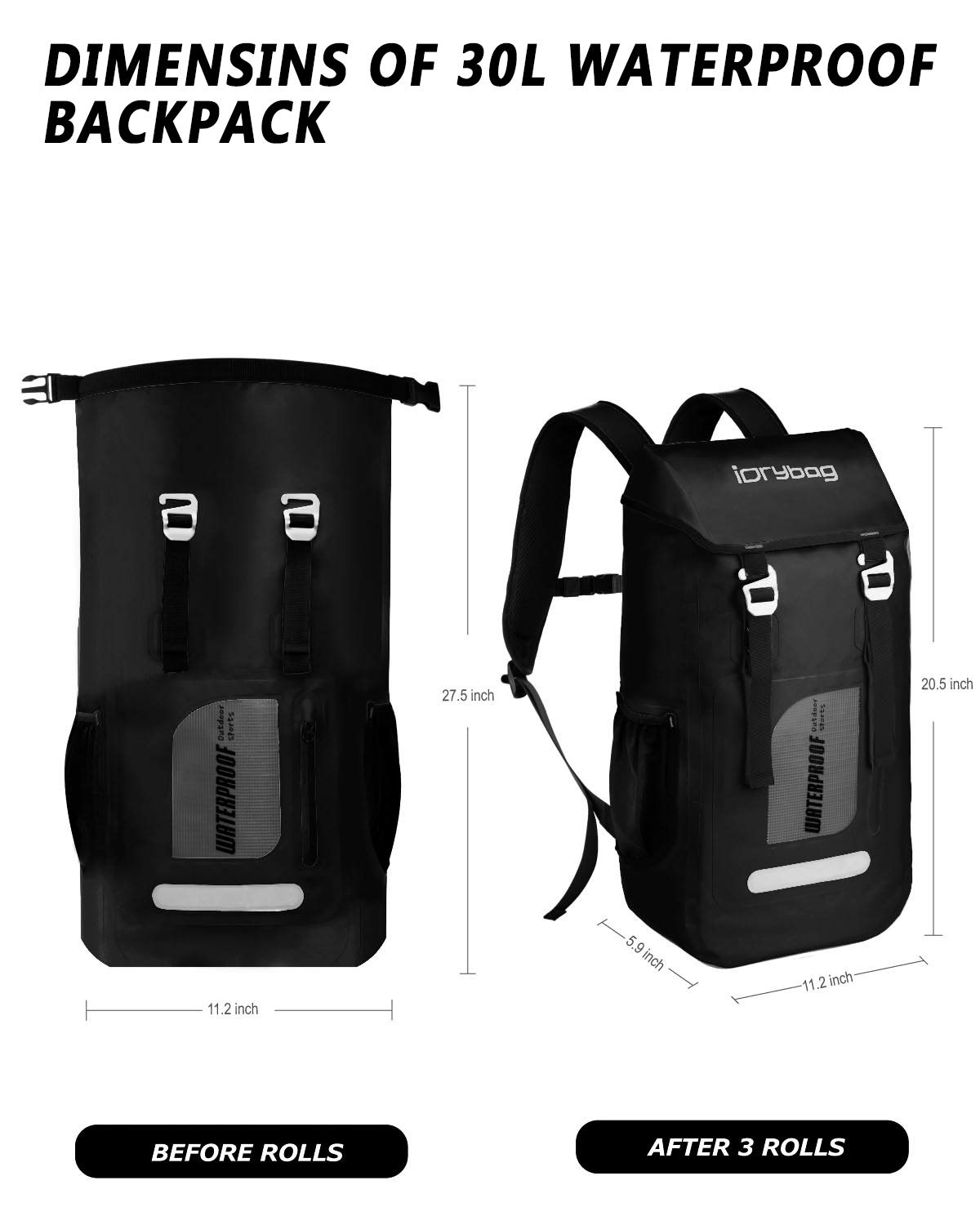 IDRYBAG Waterproof Backpack Dry Bag 30L, Dry Backpack Bags Waterproof for Women Men, Dry Sack Waterproof Bag for Kayaking, Canoeing, Floating, Boating, Rafting, Hiking, Camping