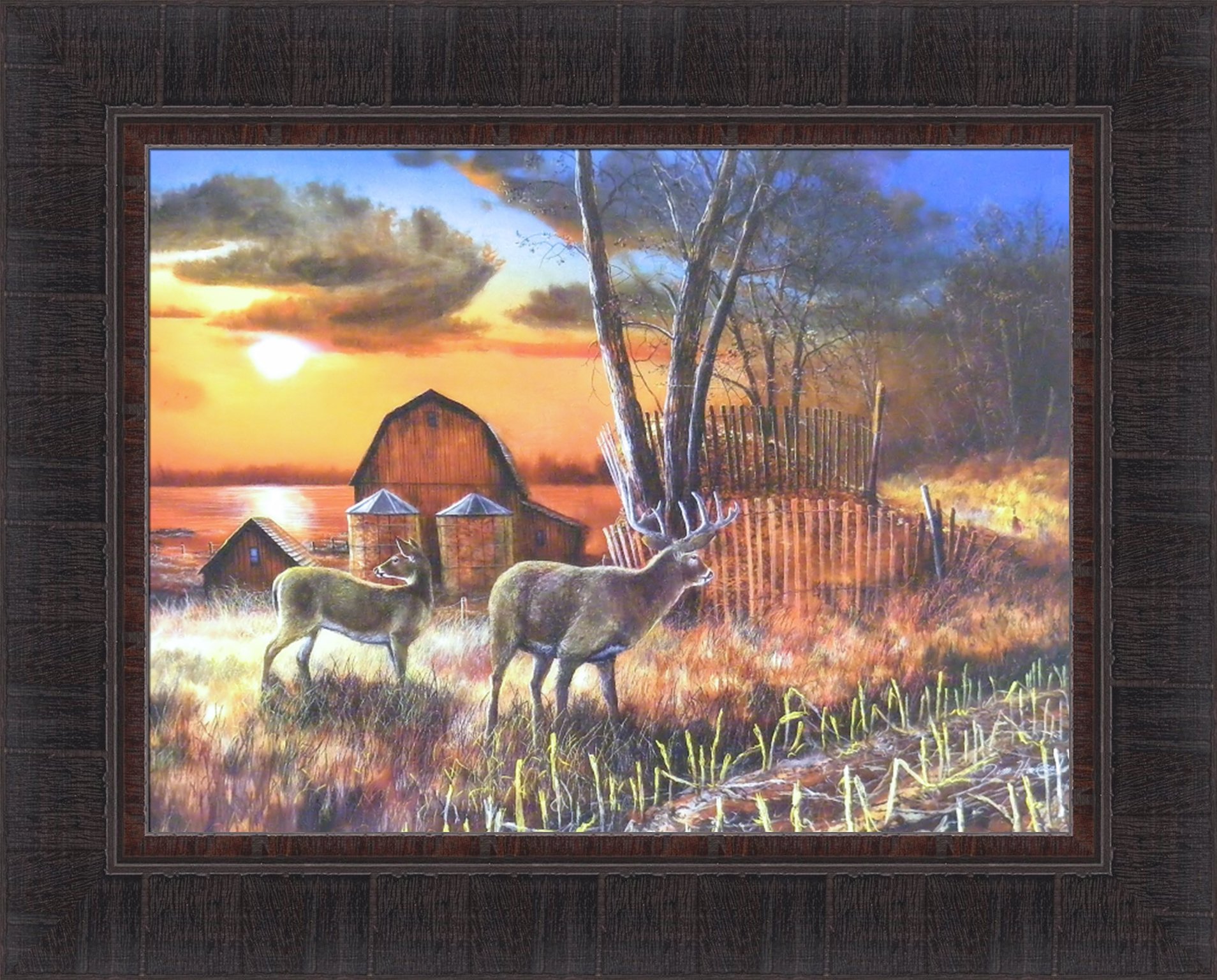 Home Cabin Décor Sharing The Bounty II by Jim Hansel 17x21 Deer Doe Buck Farm Red Barn Silo Sunset Pheasant Framed Art Print Picture