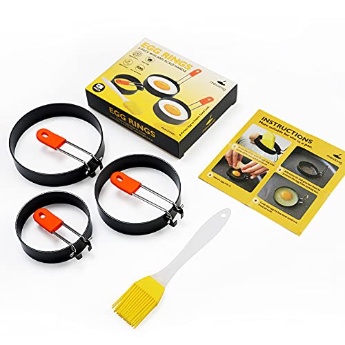 meidong Egg Ring 3 Packs in 3 Sizes Anti-Scald Egg Rings for Frying Leak-Proof with an Oil Brush Fold-up Stainless Handle Nonstick Egg Rings Mold (3 + 3.6 + 4.2 inch)