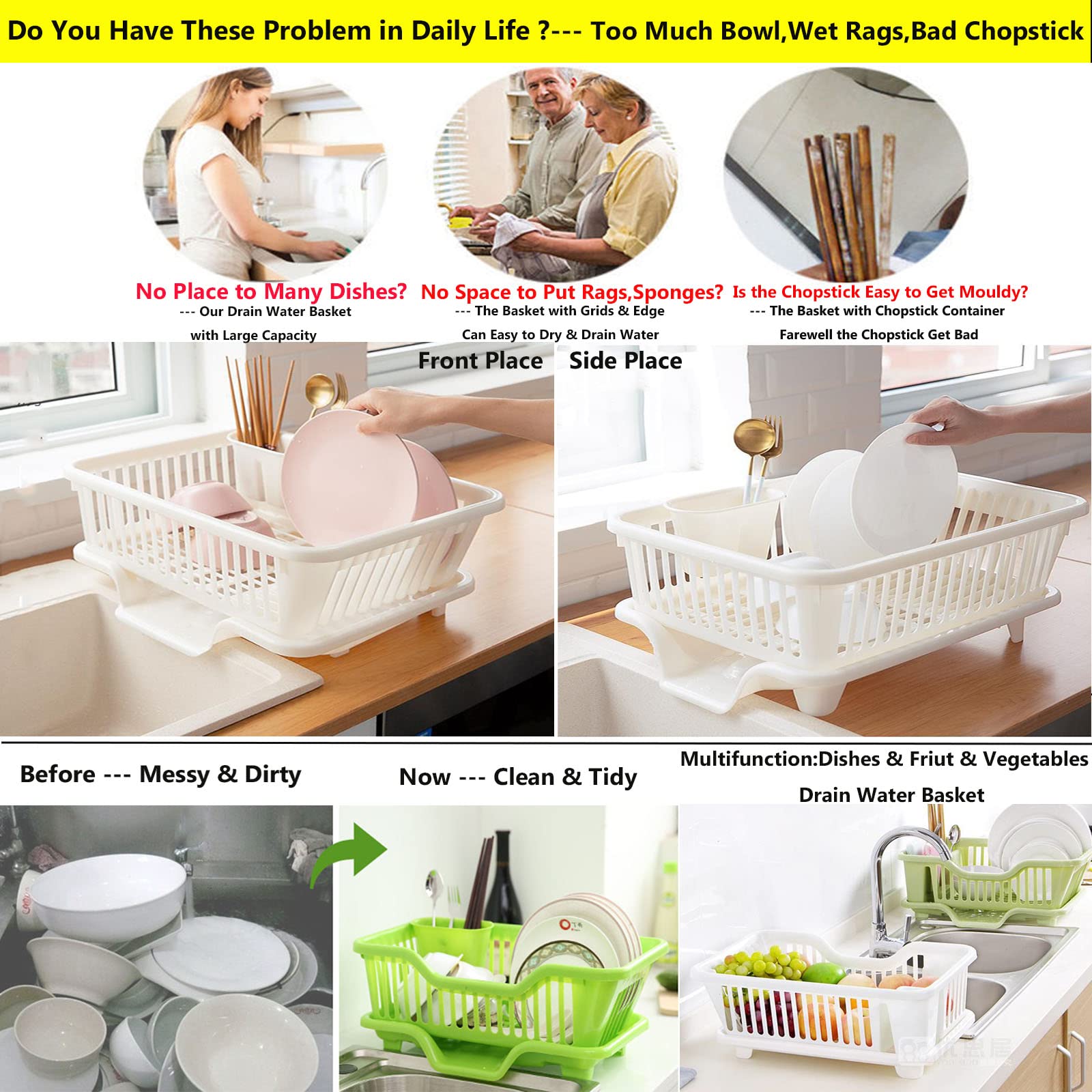 kuranai Dish Drying Sink Drainers Water Rack,Heavy Duty Sturdy Hard Plastic Sink Set with Removable Drainboard,Bowl Rack,Cup Rack,Cutlery Rack for Home Kitchen Sink Organizers(Front-Sink Drain Rack)