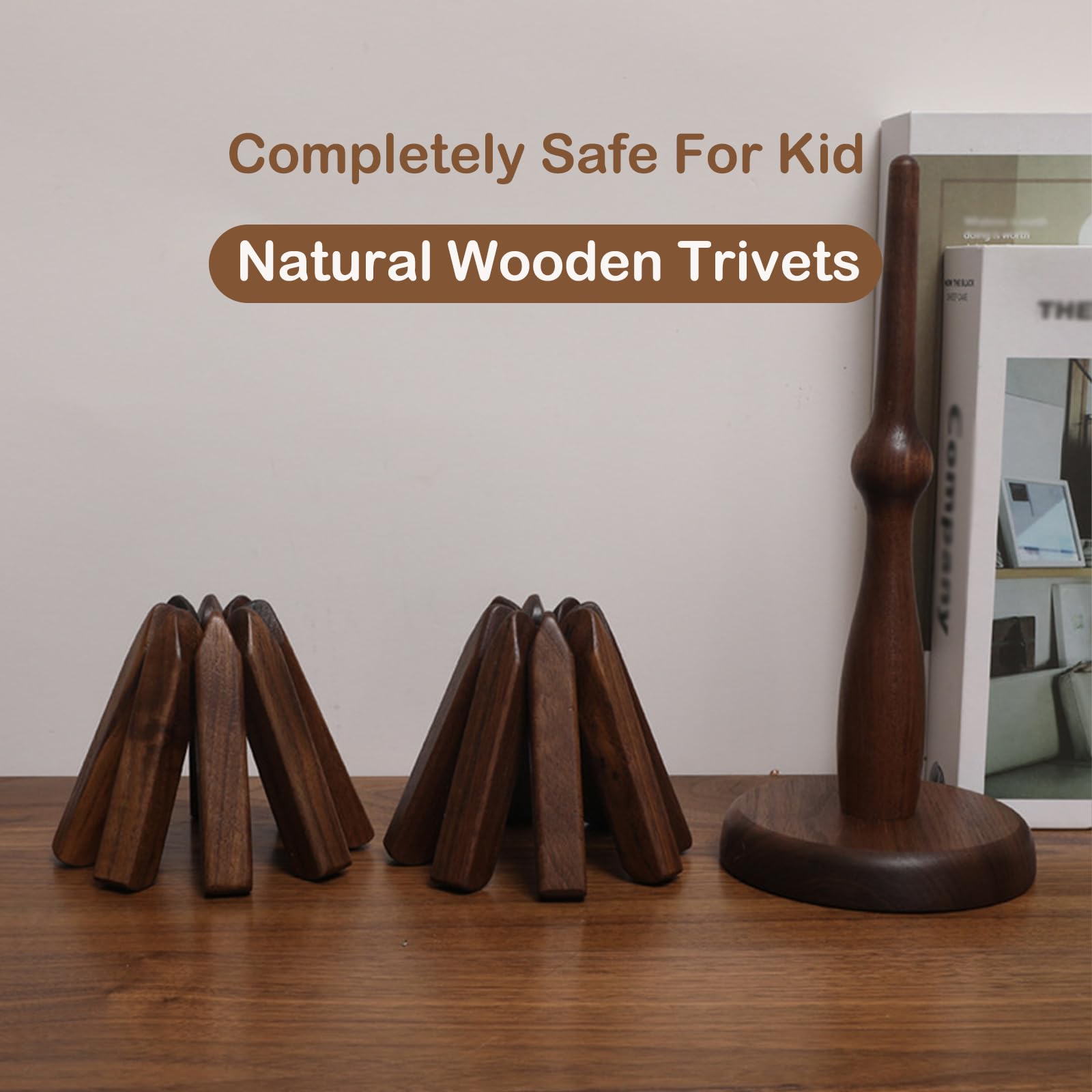 SHEKAKO Wooden Trivet Pads Set, 3 Heat Resistant Pot Holders, Non-Slip Foldable Wood Coaster, Christmas Tree Shaped Trivet Mats, Home Decor for Table Protection for Drinks, Plates, Pots, Pans (A)