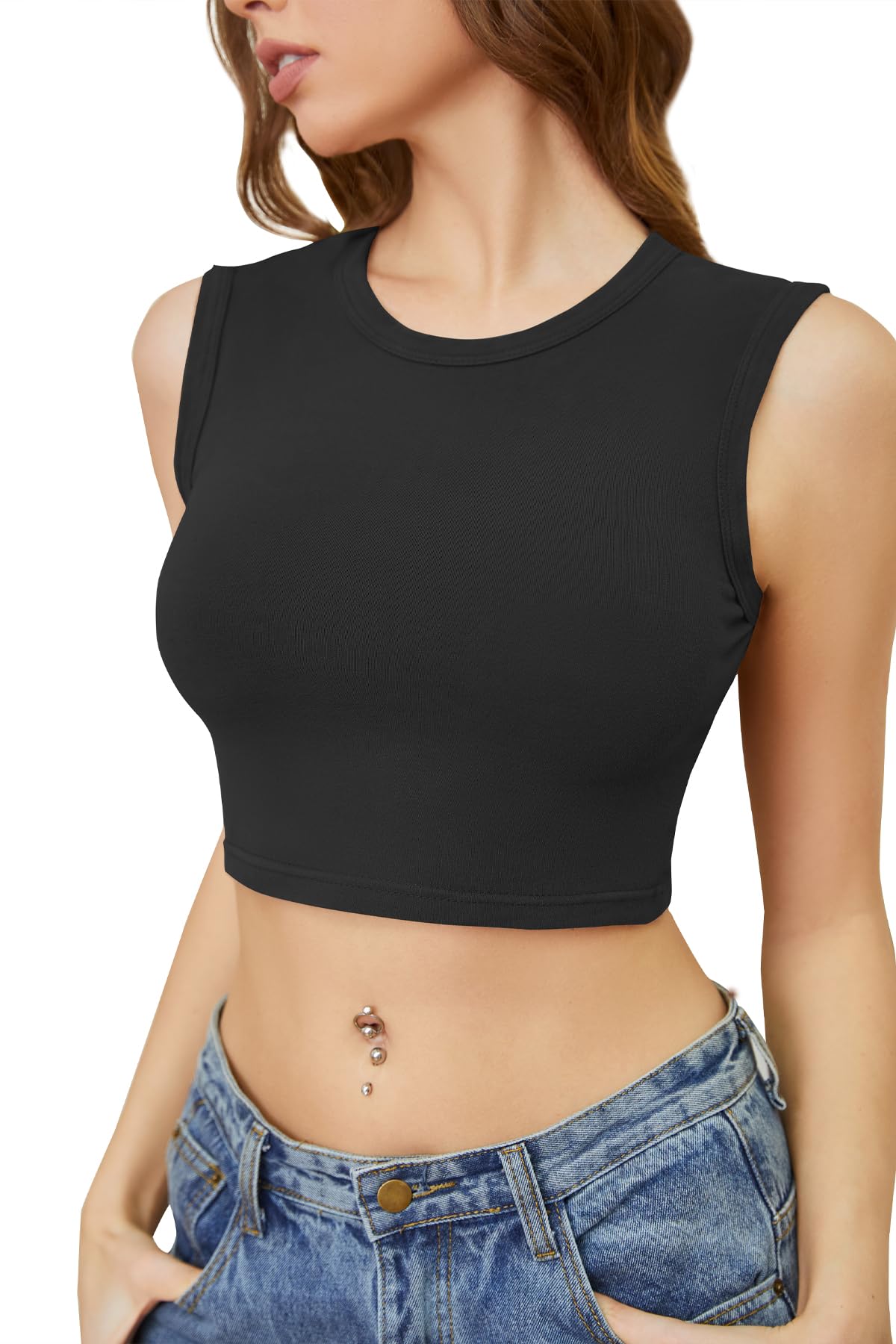 Pofihavi Womens Cropped Tank Tops Crew Neck Sleeveless Fitted Cotton Workout Top 2024 (Medium,Black)